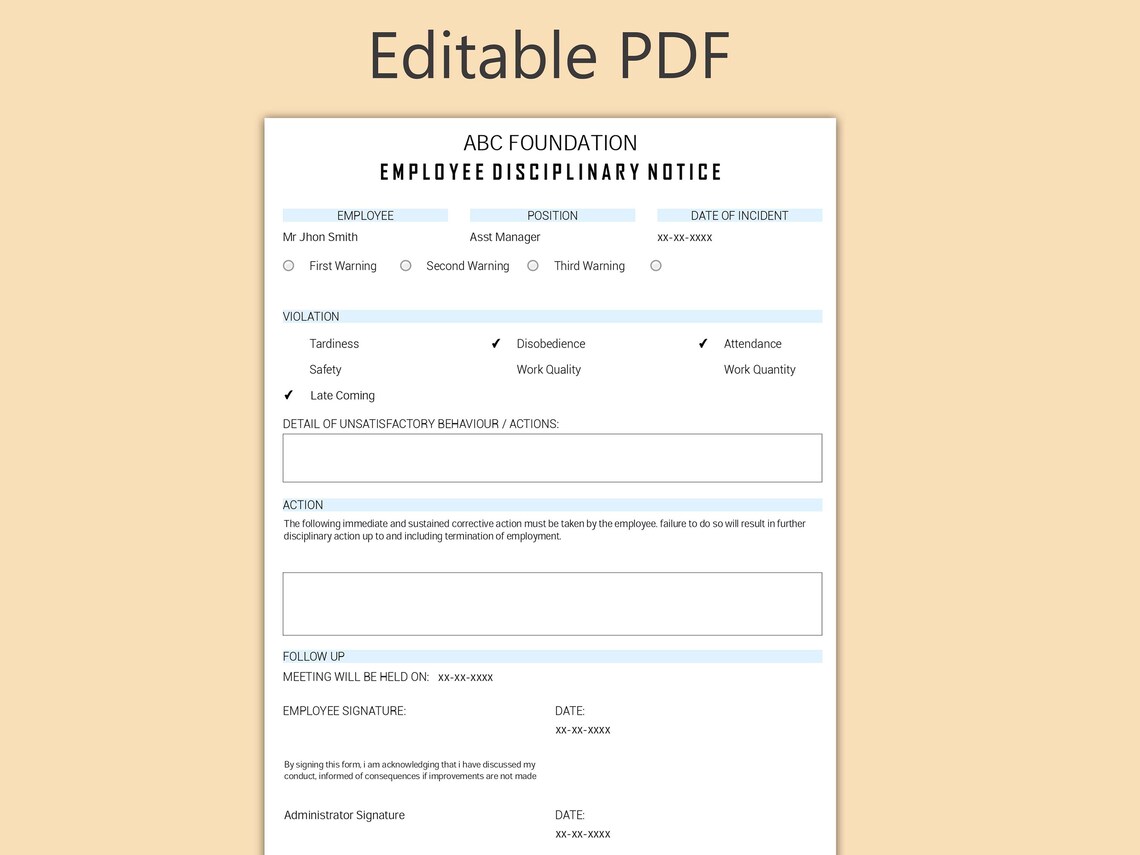Employee Disciplinary Notice Template: HR Business Form (A4 PDF) - Etsy