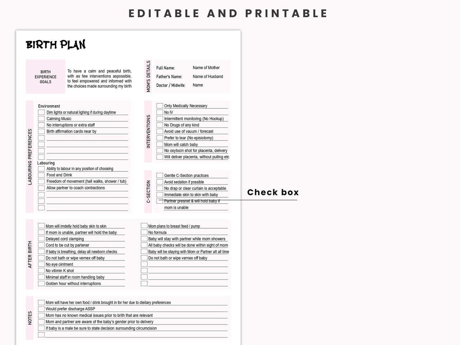 Comprehensive Birth Plan Template, Editable and Printable Birthing Plan ...