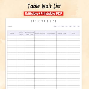 Table Wait List Template, Restaurant Seating Plan, Reservation Tracker ...