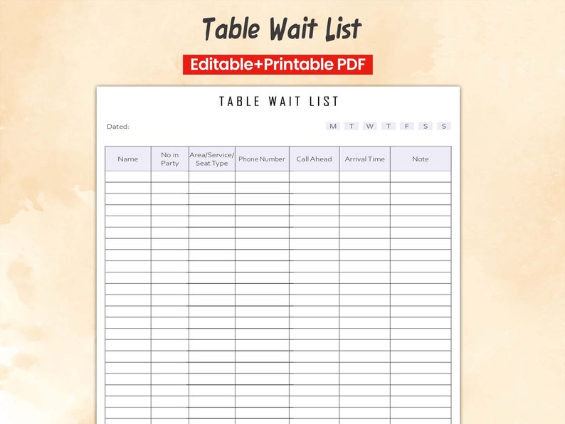Table Wait List Template, Restaurant Seating Plan, Reservation Tracker ...