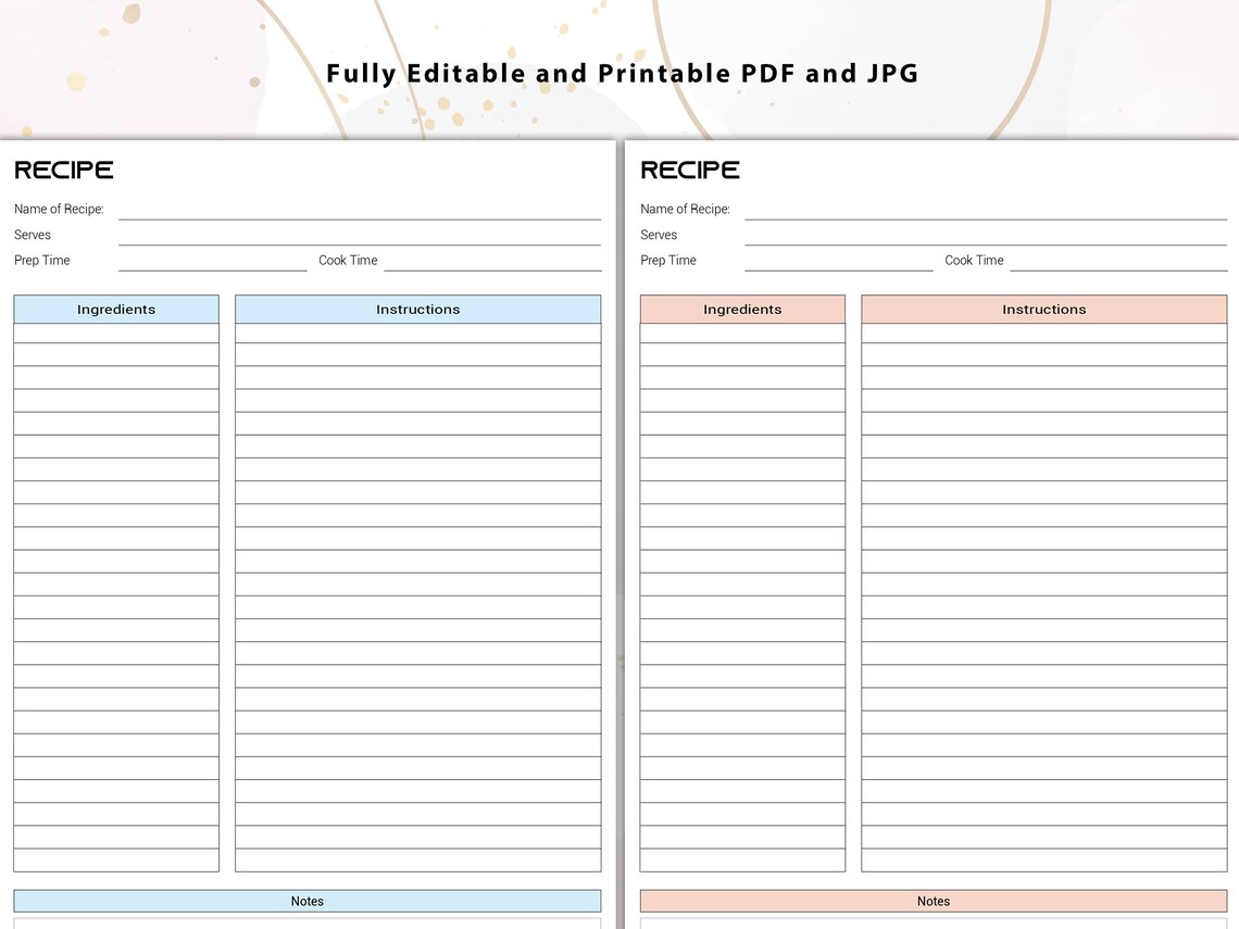Recipe Template, Cooking Template, Recipe Card, Recipe Design ...