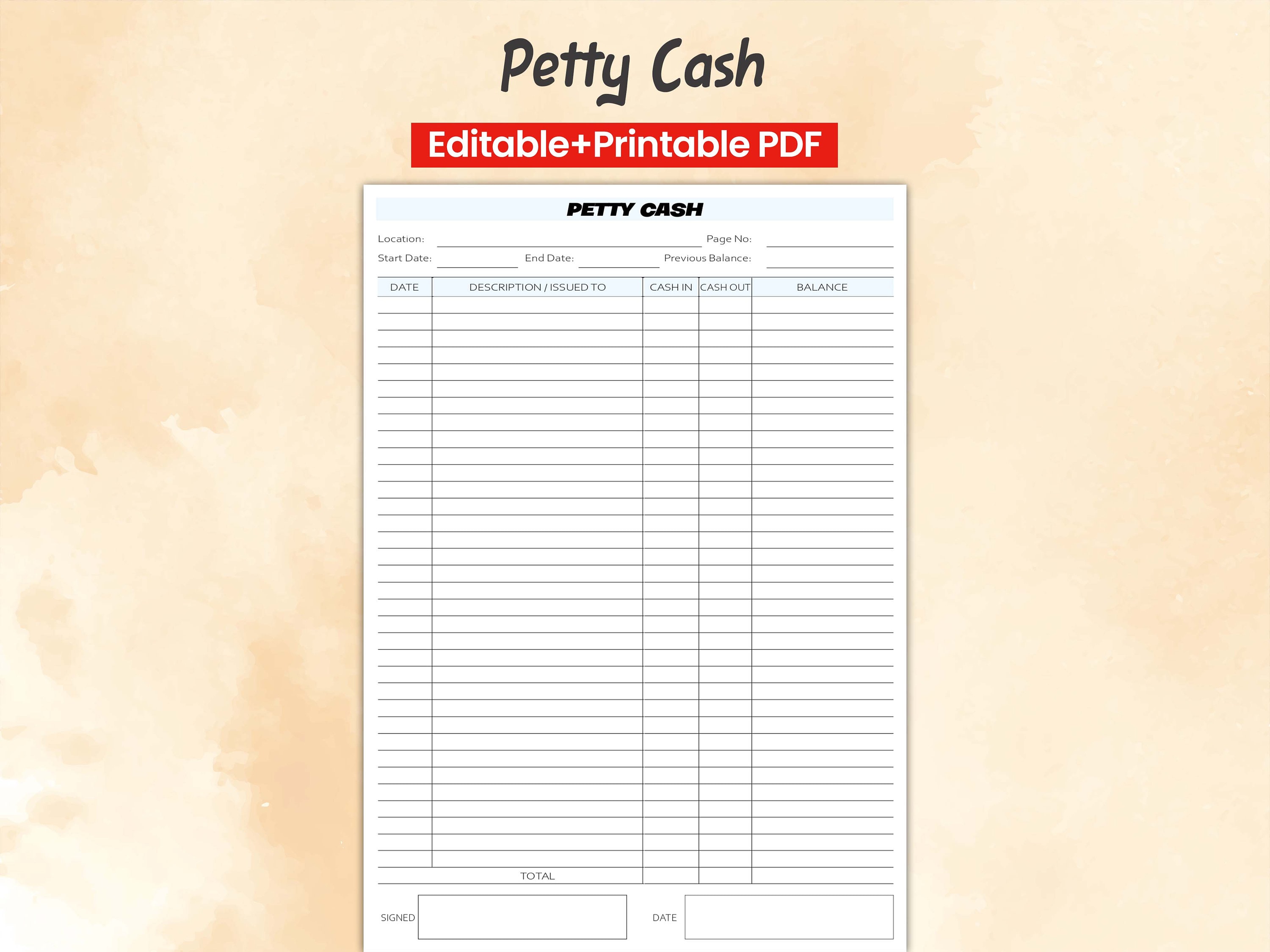 Petty Cash Log Template: Small Business Ledger (digital Download) - Etsy