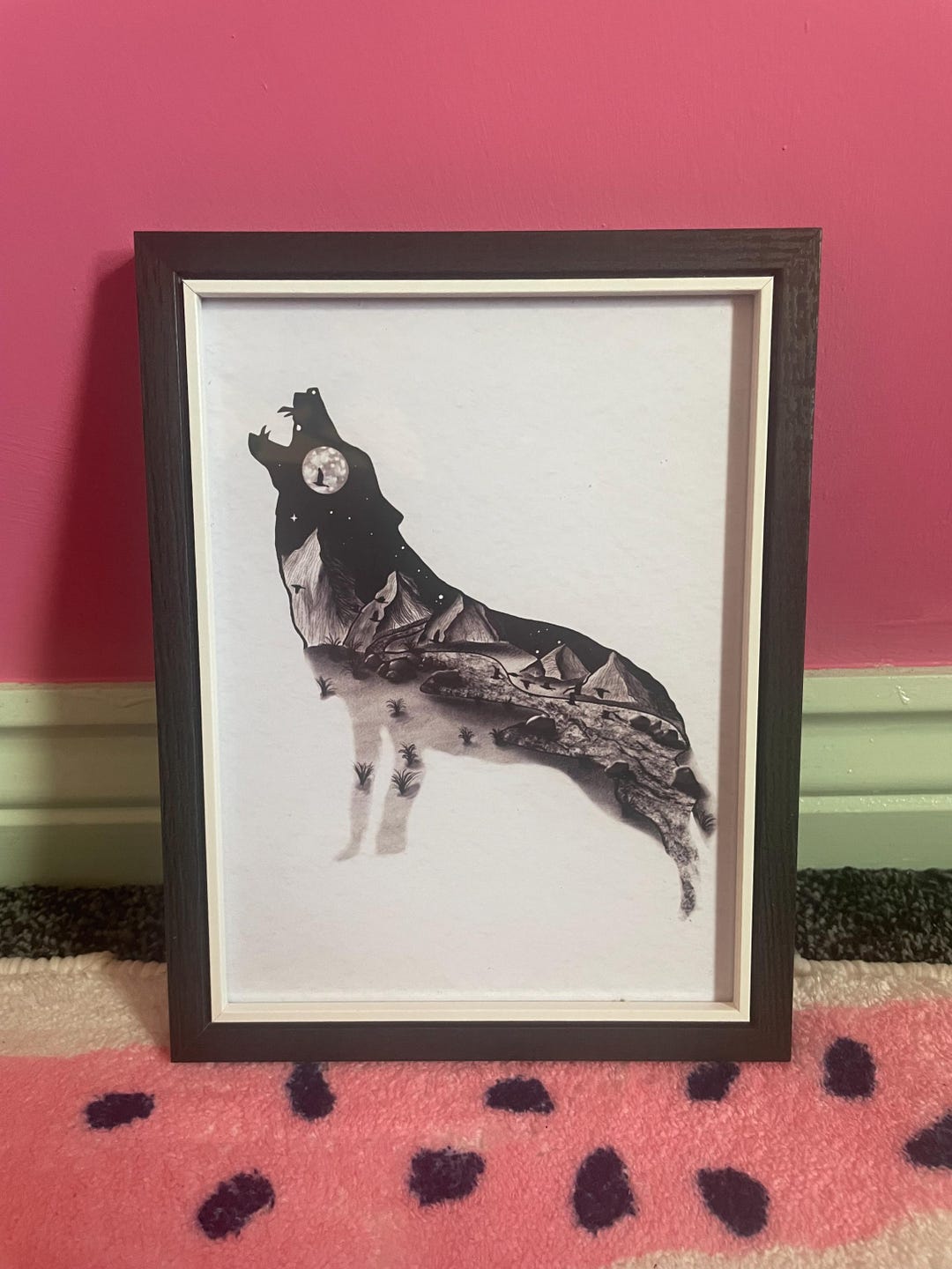 Framed Howling Wolf Art Print 5x7 Nature-inspired Artwork With Moon ...