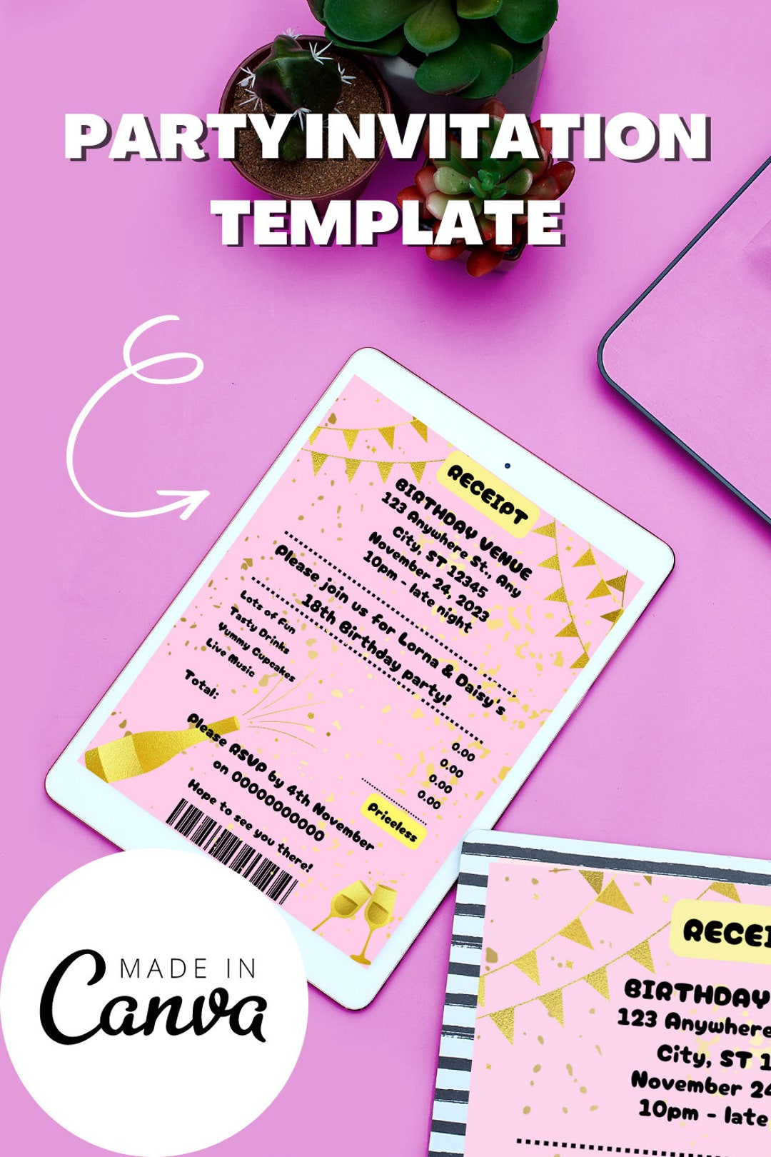 Pink and Gold Receipt Party Invitation Editable Canva Template Instant ...