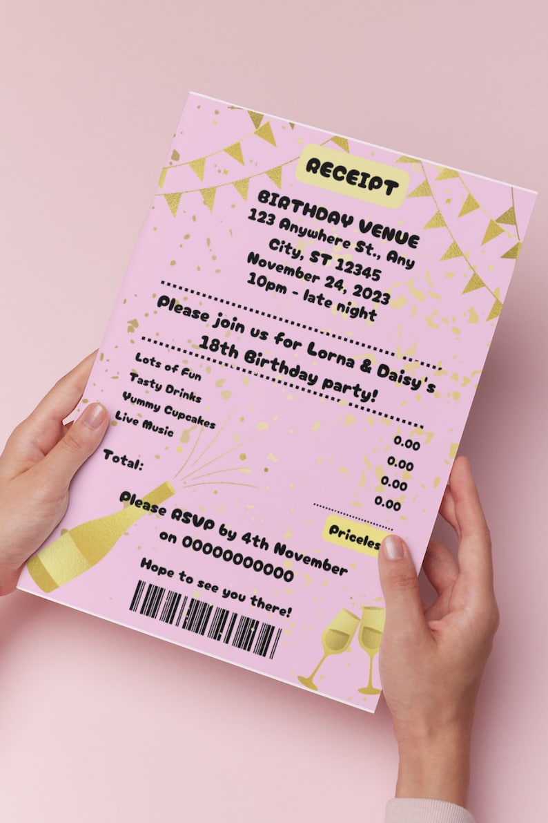 Pink and Gold Receipt Party Invitation Editable Canva Template Instant ...
