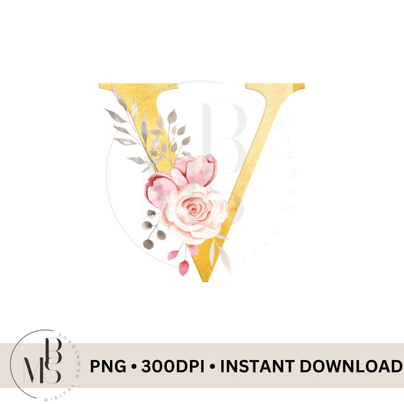 Gold and Pink Floral Letter V | Clipart | Downloadable | Instant ...