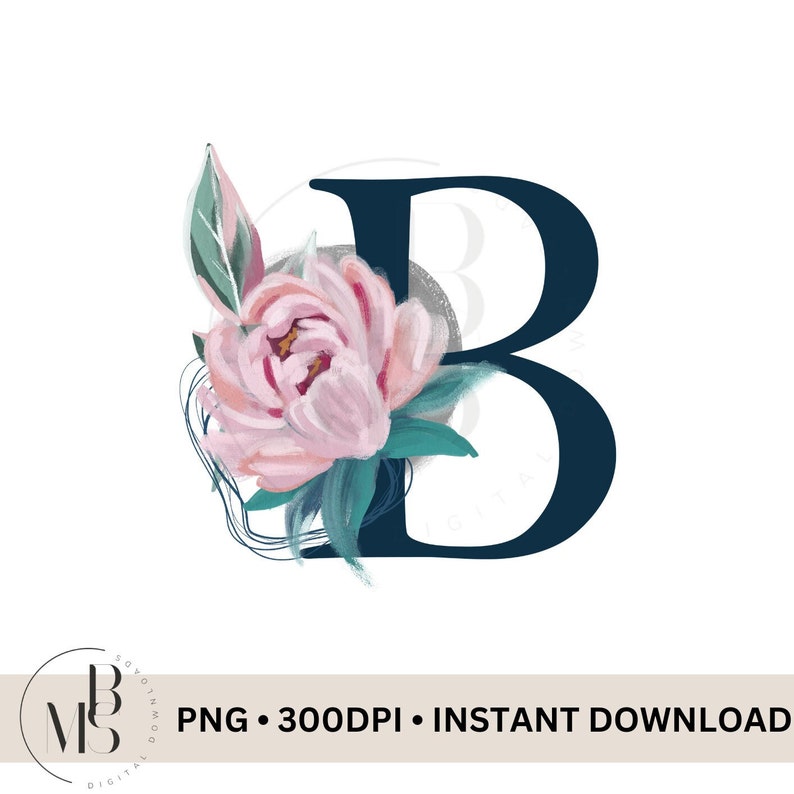 Navy and Pink Letter B Floral Clipart Downloadable Instant Download ...