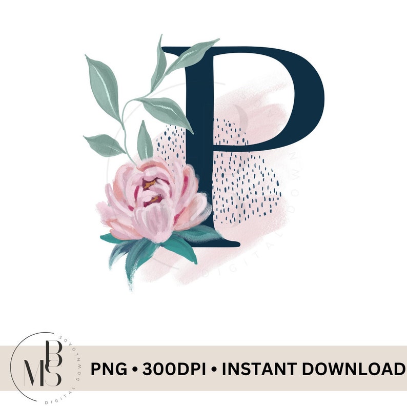 Navy and Pink Letter P Floral Clipart Downloadable Instant Download ...