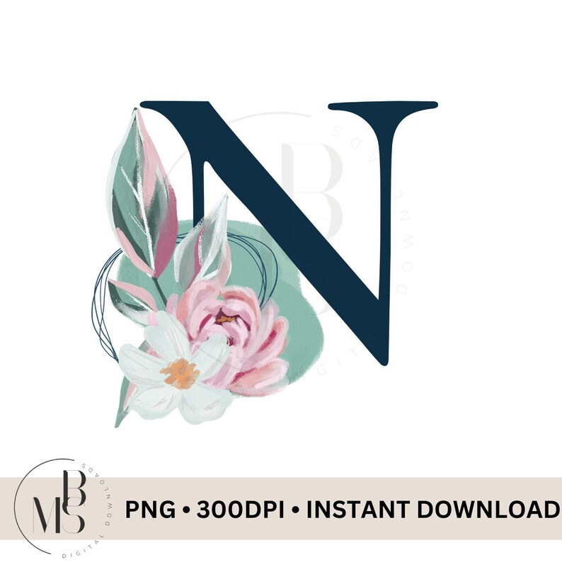 Navy and Pink Letter N Floral | Clipart | Downloadable | Instant ...