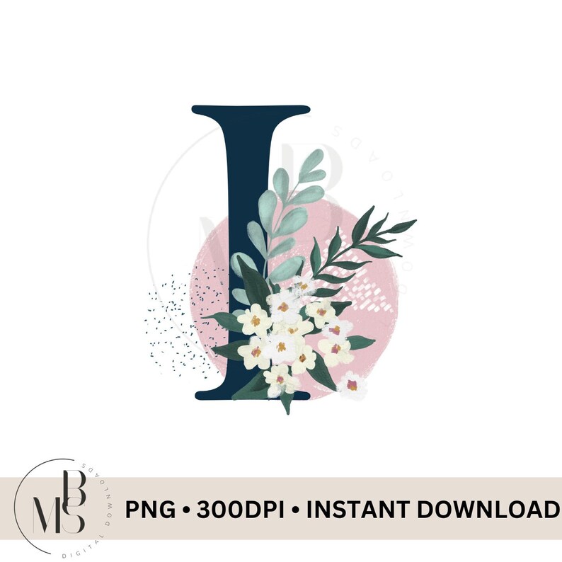 Navy and Pink Letter I Floral Clipart Downloadable Instant Download ...