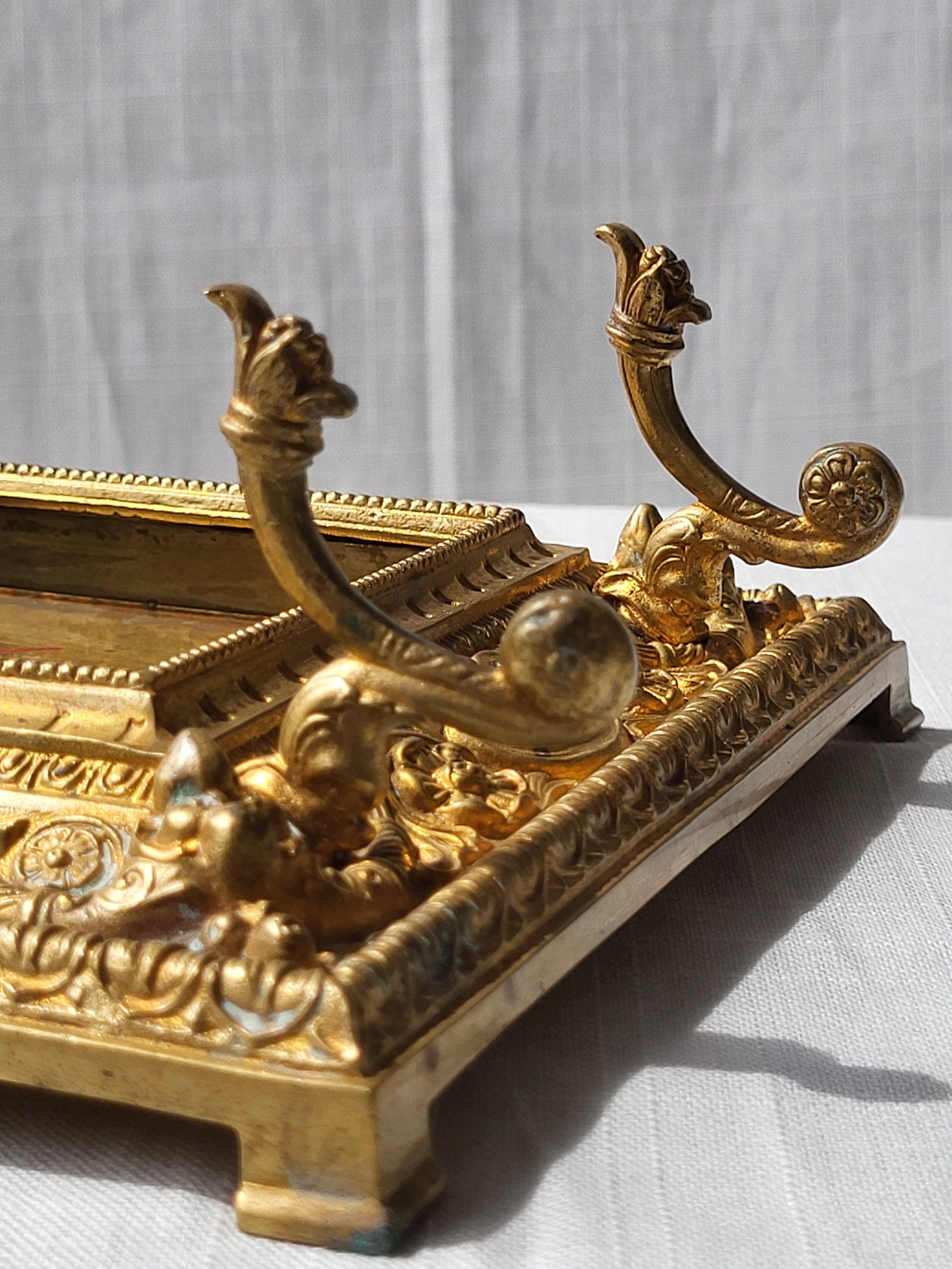 7 Antique Brass Inkwell Stand, Floral and Foliage Pattern, Two Snail ...