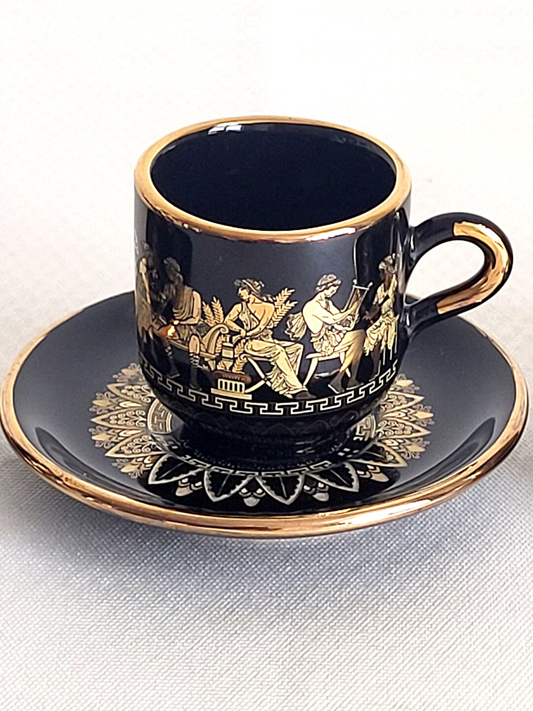 Set of 4 Vintage Greek Ceramic Cup and Saucer, in 24K Gold, Hand Made ...