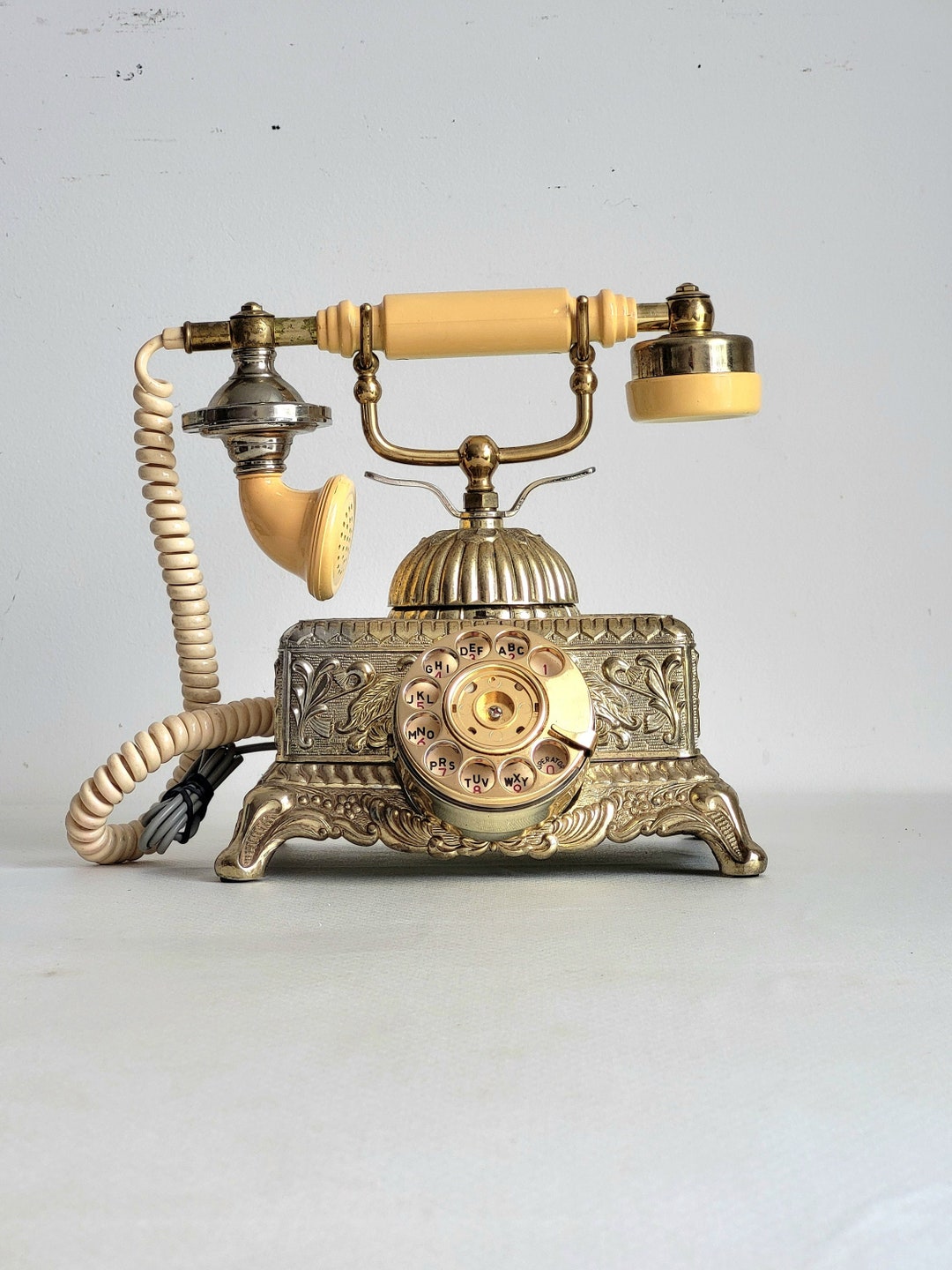 10" Vintage Brass-tone Rotary Dial Decorative Telephone, Baroque Style ...