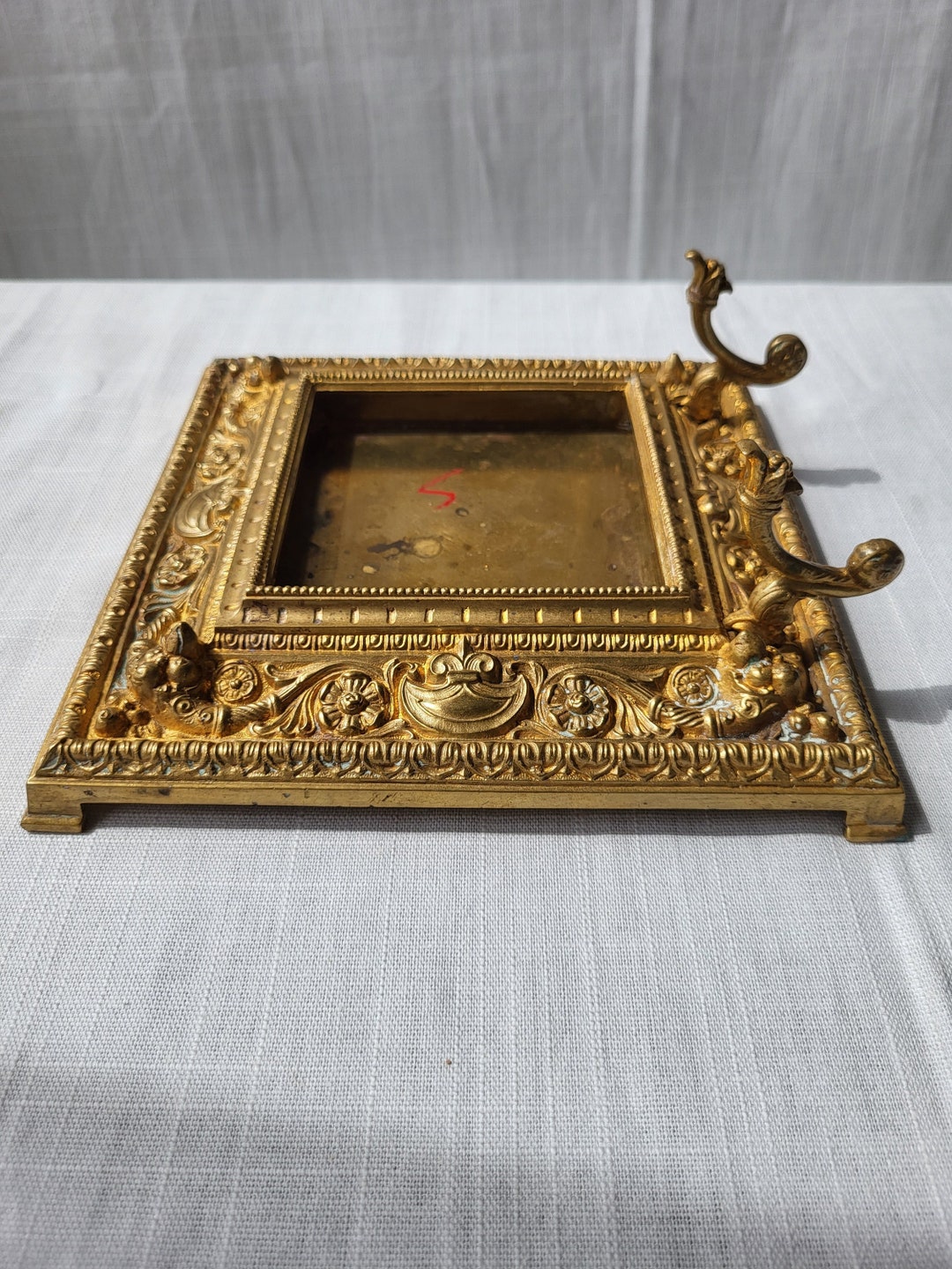 7" Antique Brass Inkwell Stand, Floral and Foliage Pattern, Two Snail ...