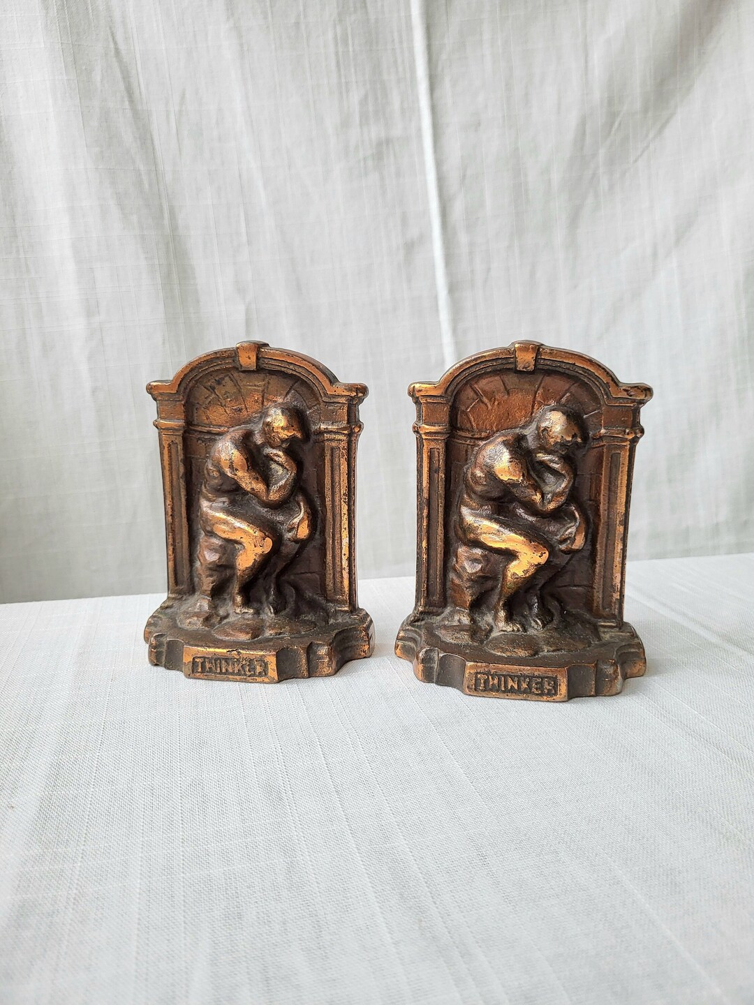 Pair of 5 Vintage Cast Iron Copper-plated Thinker Relief Bookends,with ...
