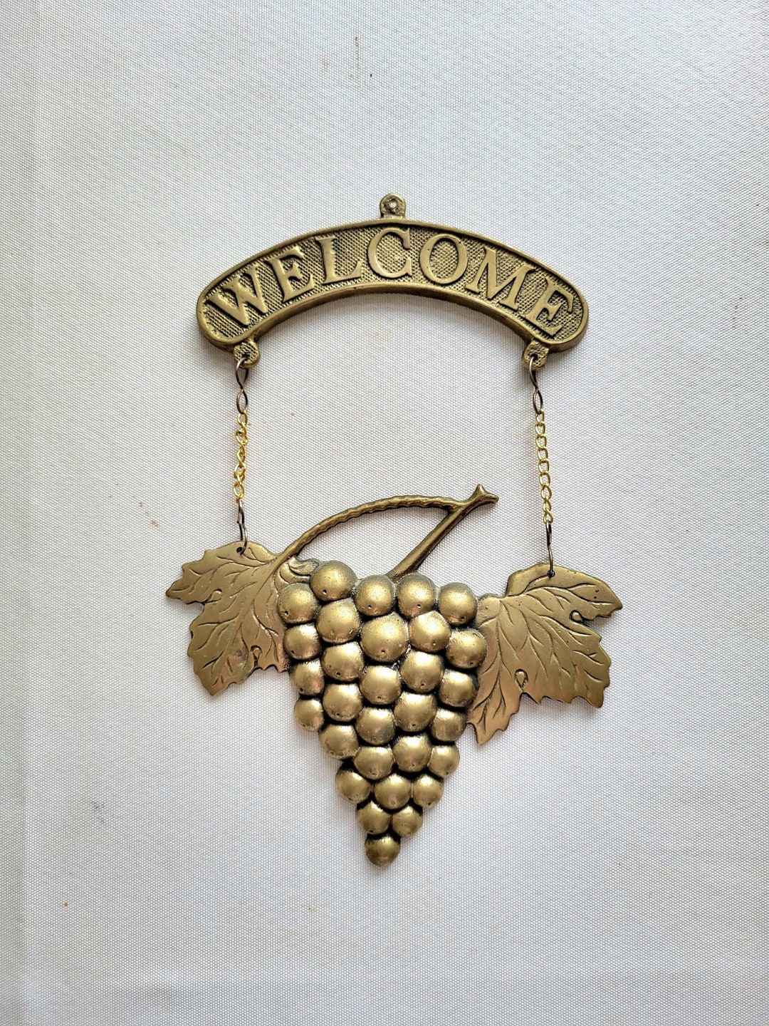 11" Vintage Cast Brass Welcome Sign, Grapes With Leaves Pattern, Gate ...