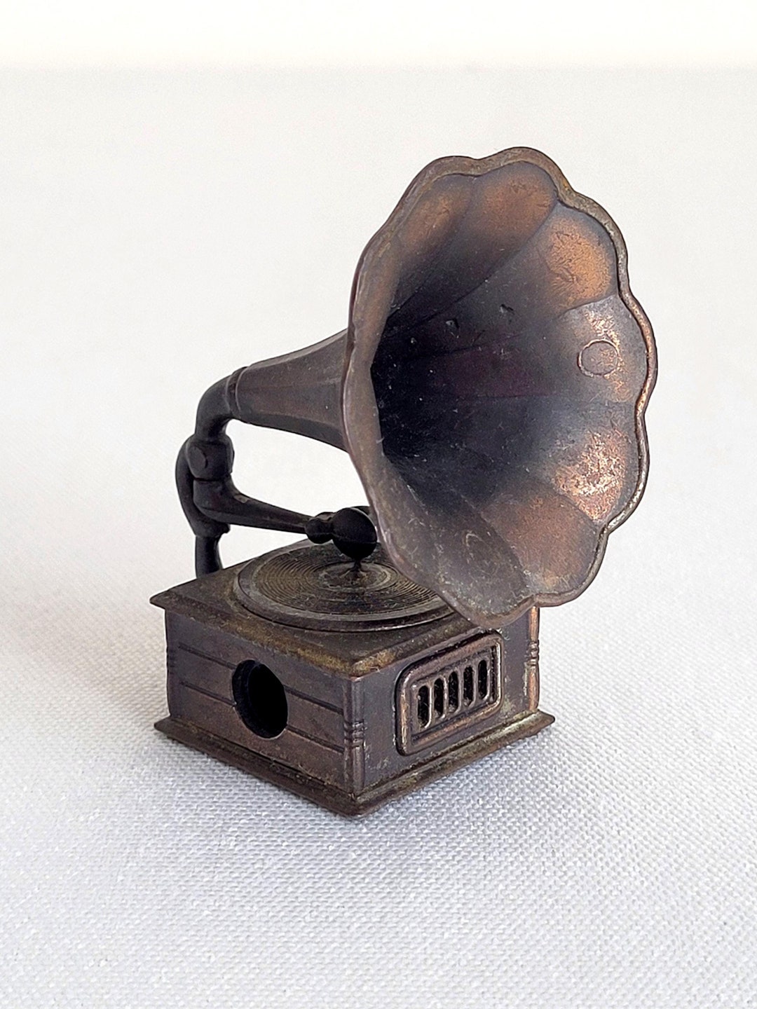 3" Vintage Bronze Mini Phonograph Pencil Sharpener by Play Me, With ...