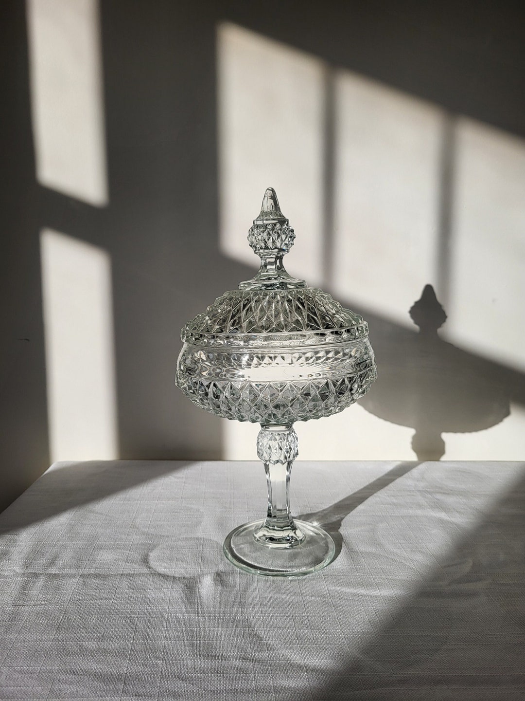 12 Vintage Diamond Point Clear Glass Candy Dish & Lid, Byindiana GLASS ...