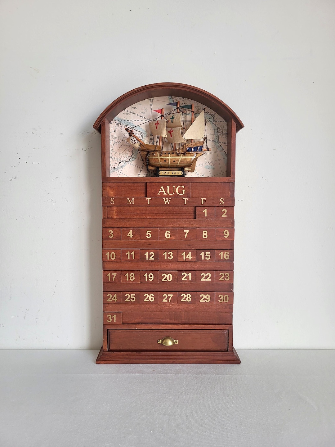 Vintage Wood Perpetual Calendar: Nautical Santa Maria Ship Wall Hanging ...