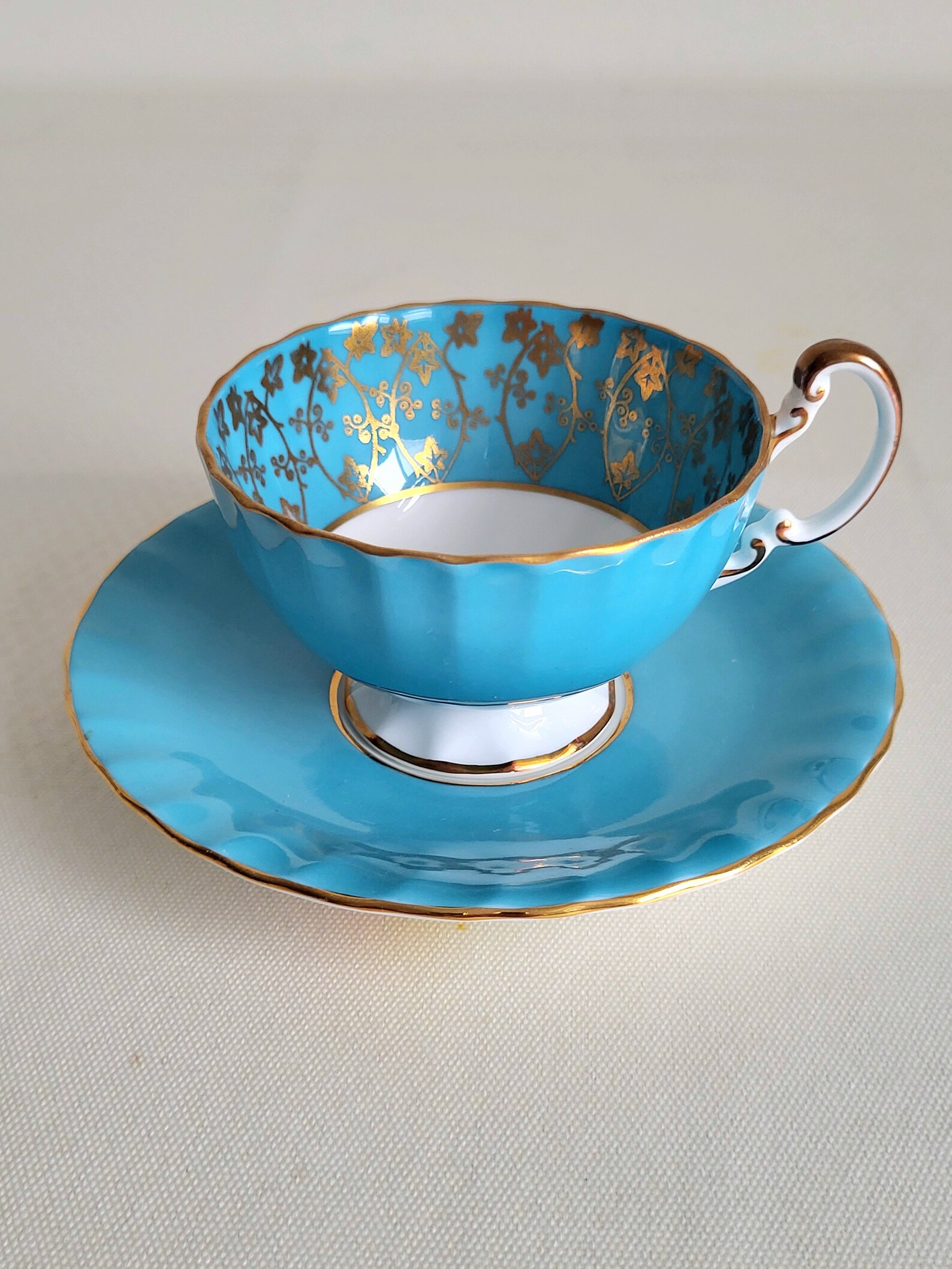 Vintage Aynsley Teacup and Saucer, Turquoise Blue, Gold Decoration ...