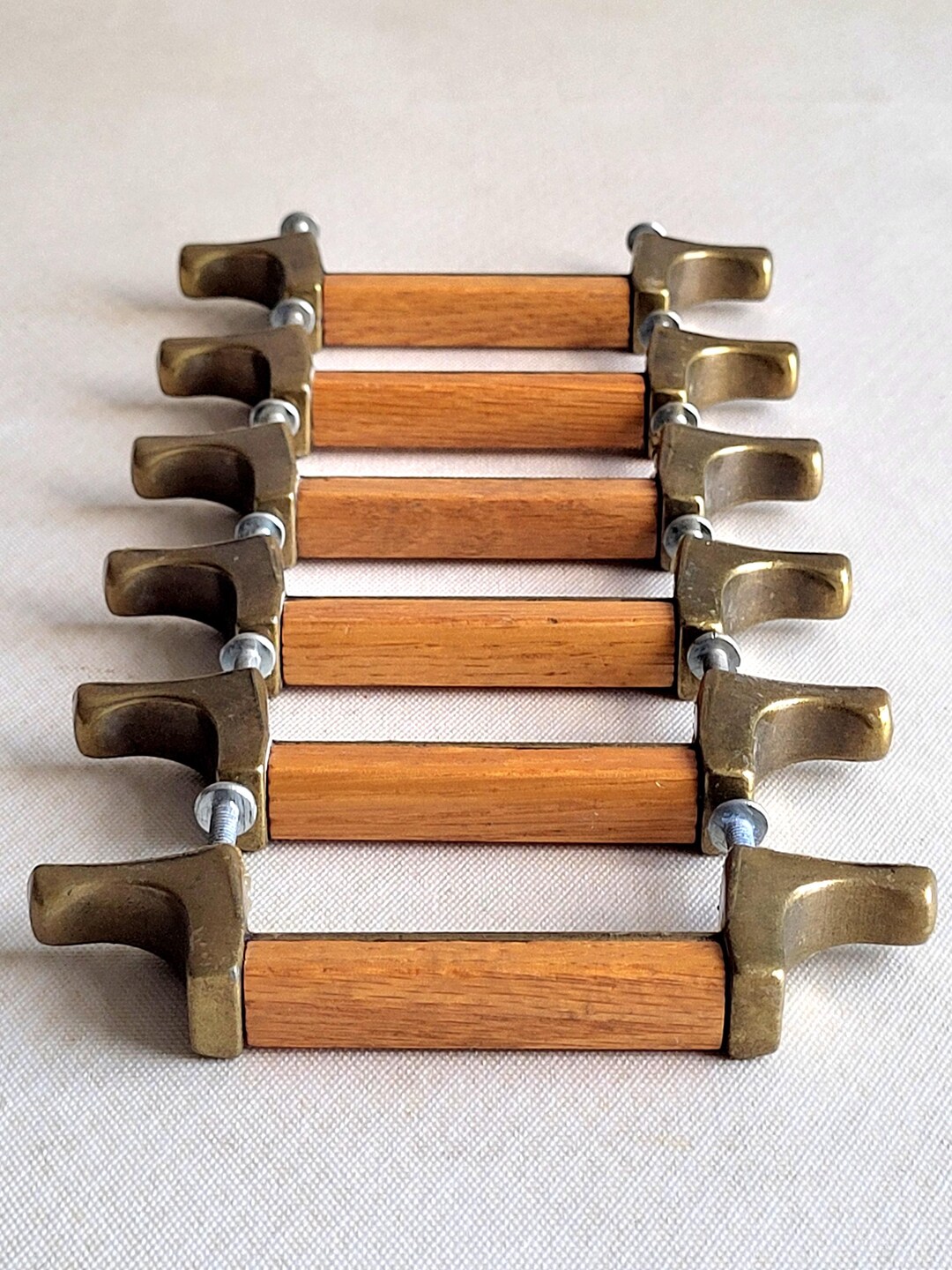 5" Set of 6 Vintage Brass and Wood handle Drawer Pulls, With Original ...