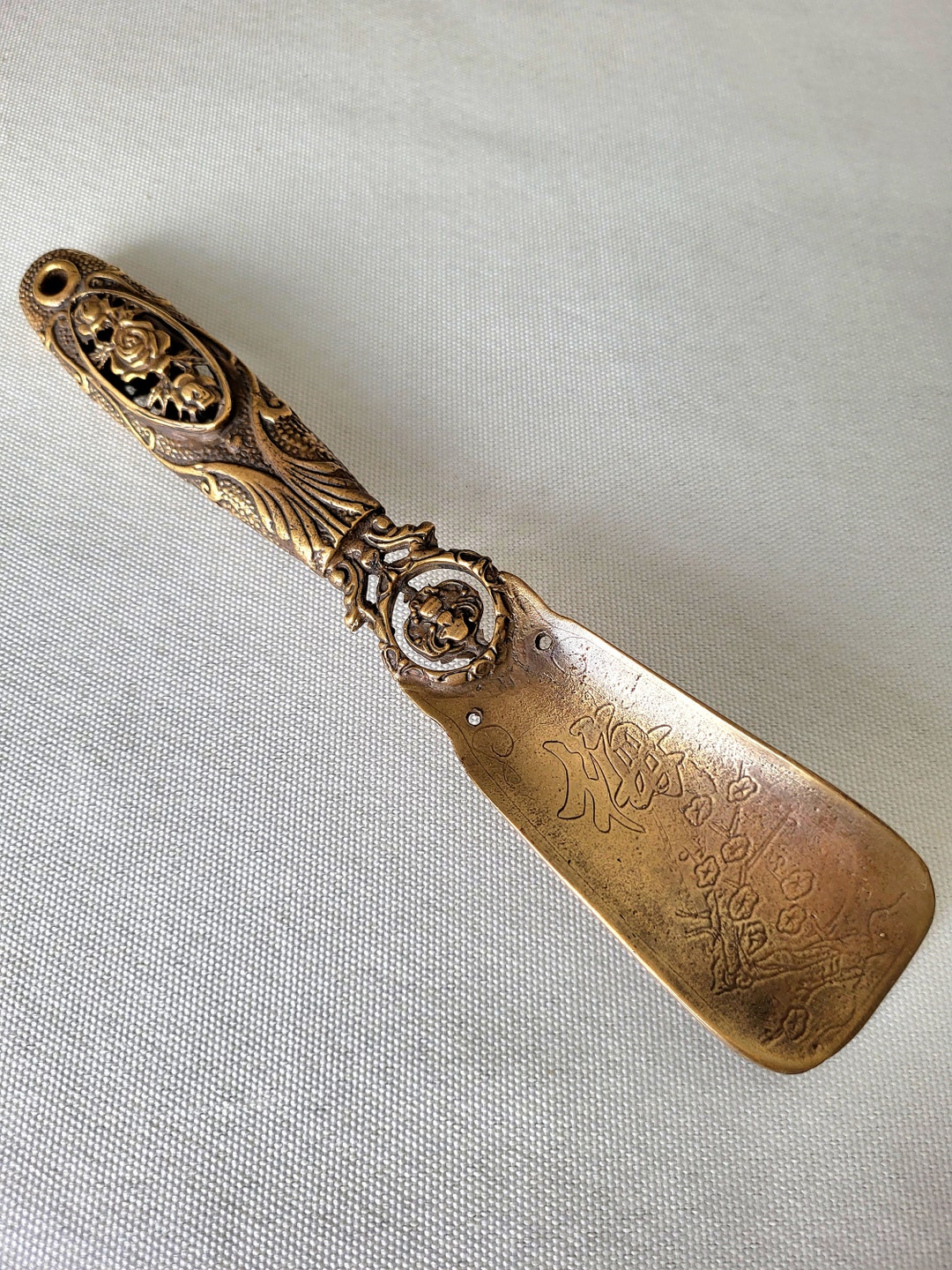 Antique Solid Brass Shoehorn: Ornate Floral Handle, Engraved Poem - Etsy