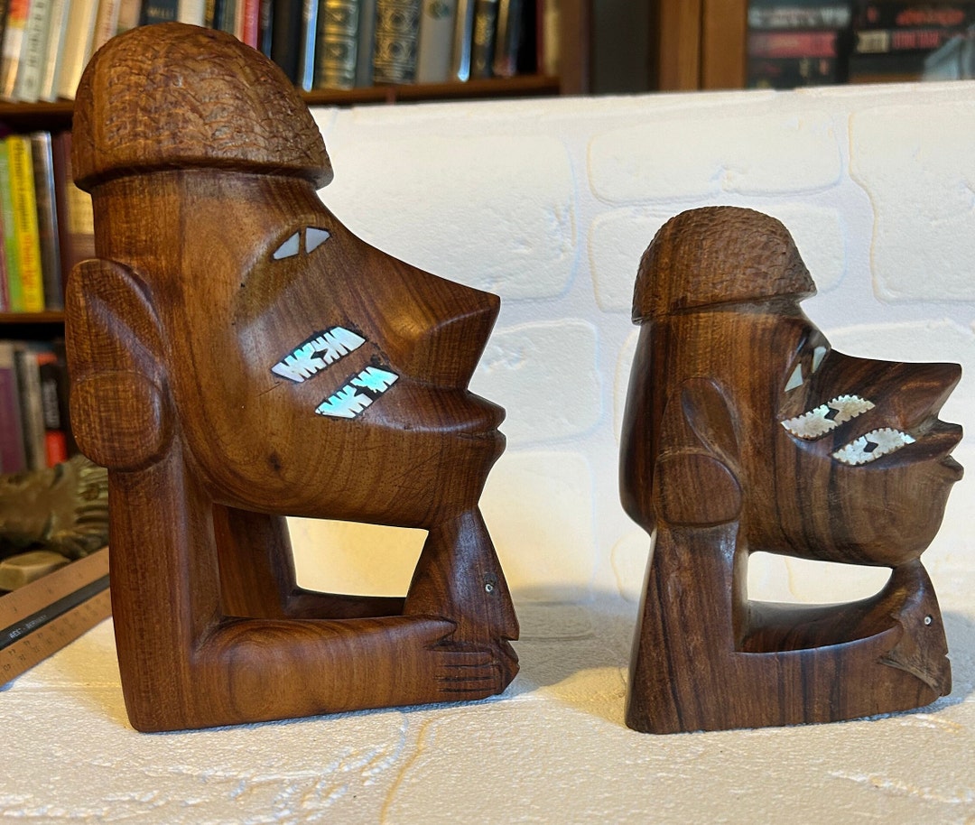 Solomon Islands Nguzu Nguzu Canoe Prow Wood Carvings (2) , Shell Inlay ...