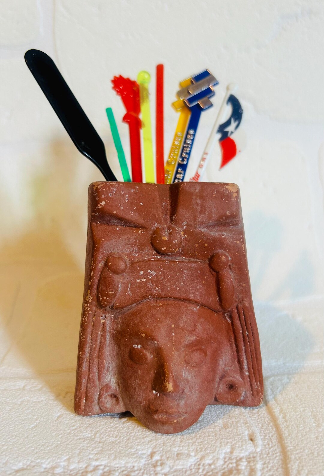 Tiki Travel Bar Swizzle Stick Holder Circa 1960s With Eight Assorted ...