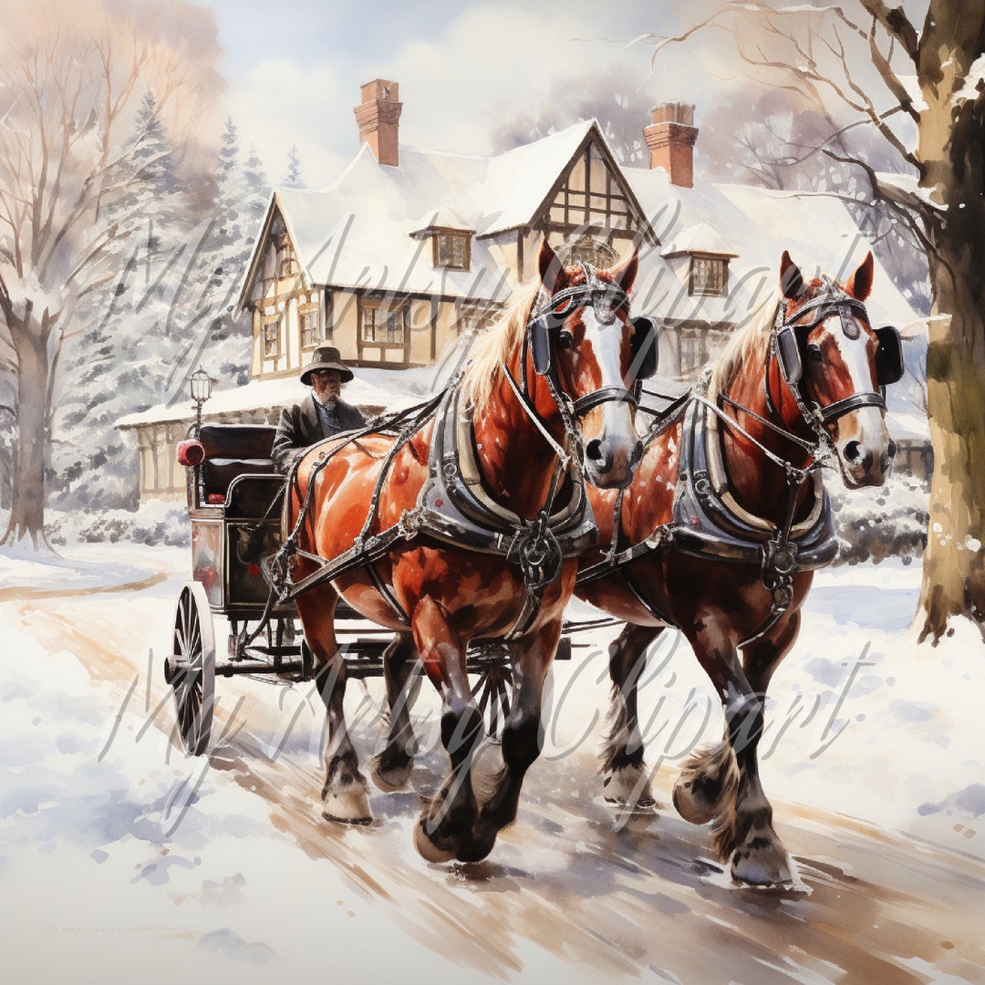 16 Horse and Buggy, Horse Christmas Card Clipart, Horse Drawn Sled ...