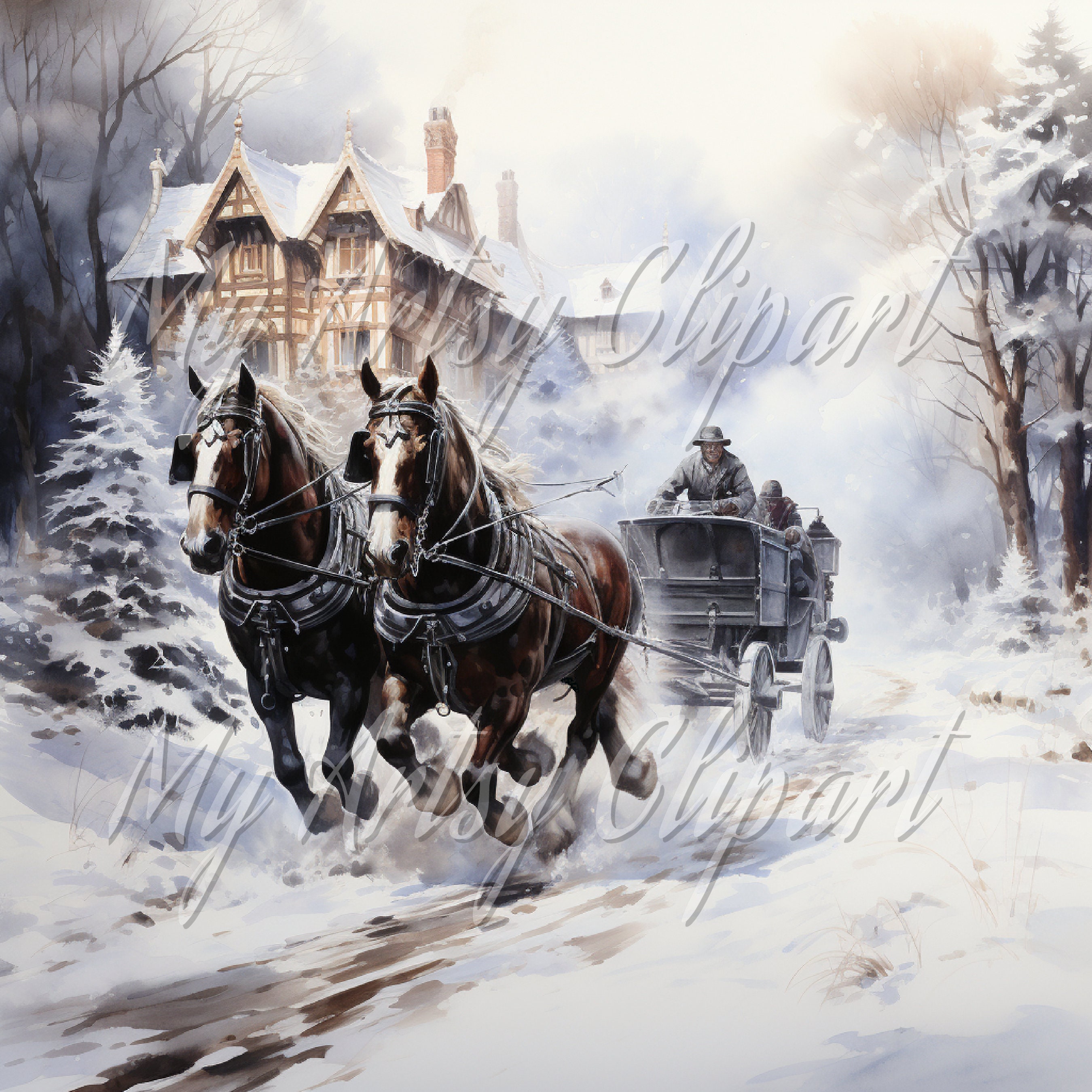 16 Horse and Buggy, Horse Christmas Card Clipart, Horse Drawn Sled ...