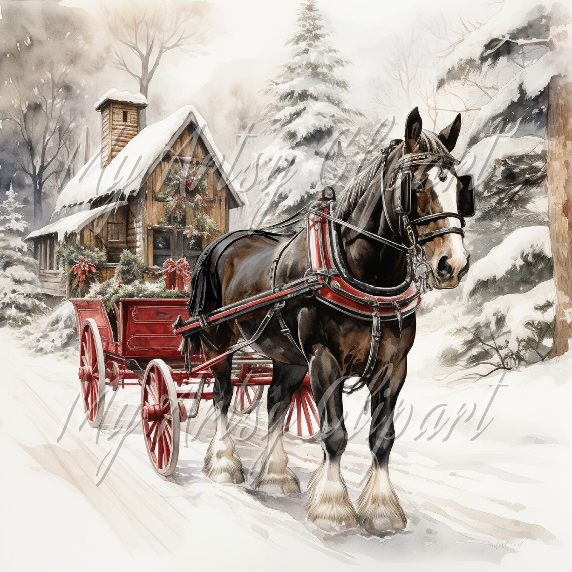 9 Xmas Watercolor Clipart Jpg, Horse Junk Journal Clipart, Horse and ...