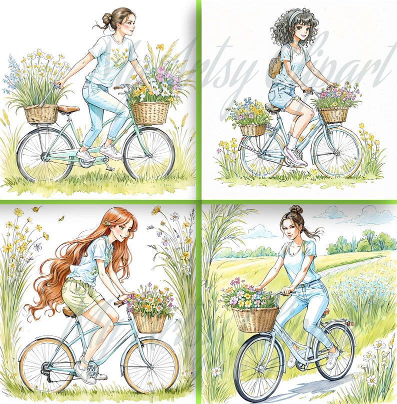 17 Fun Spring Activity Bicycle Clipart, Wild Flowers JPG, Floral ...