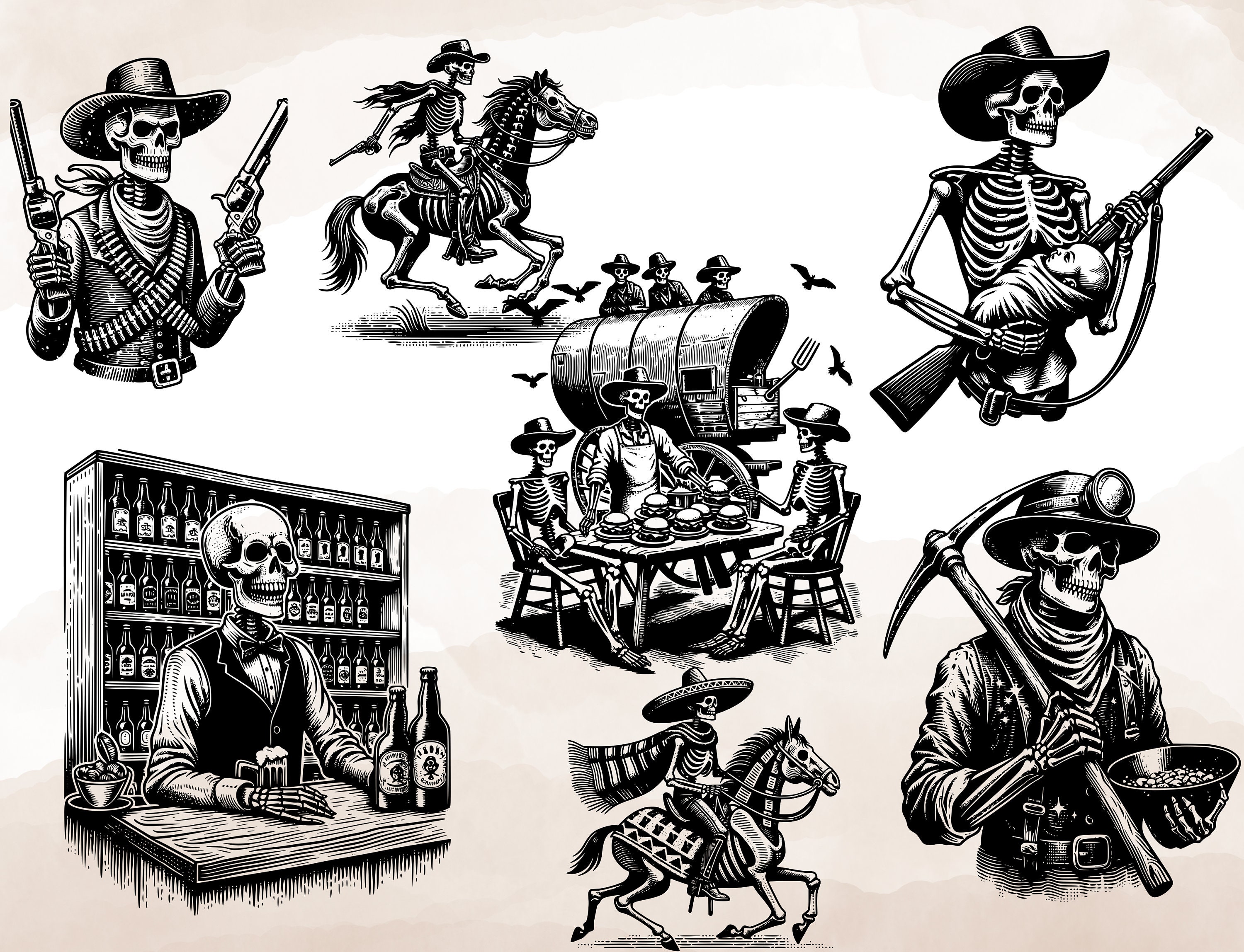 Unique Western Skeleton Bundle SVG PNG, Dancing Cowboy Skeleton ...