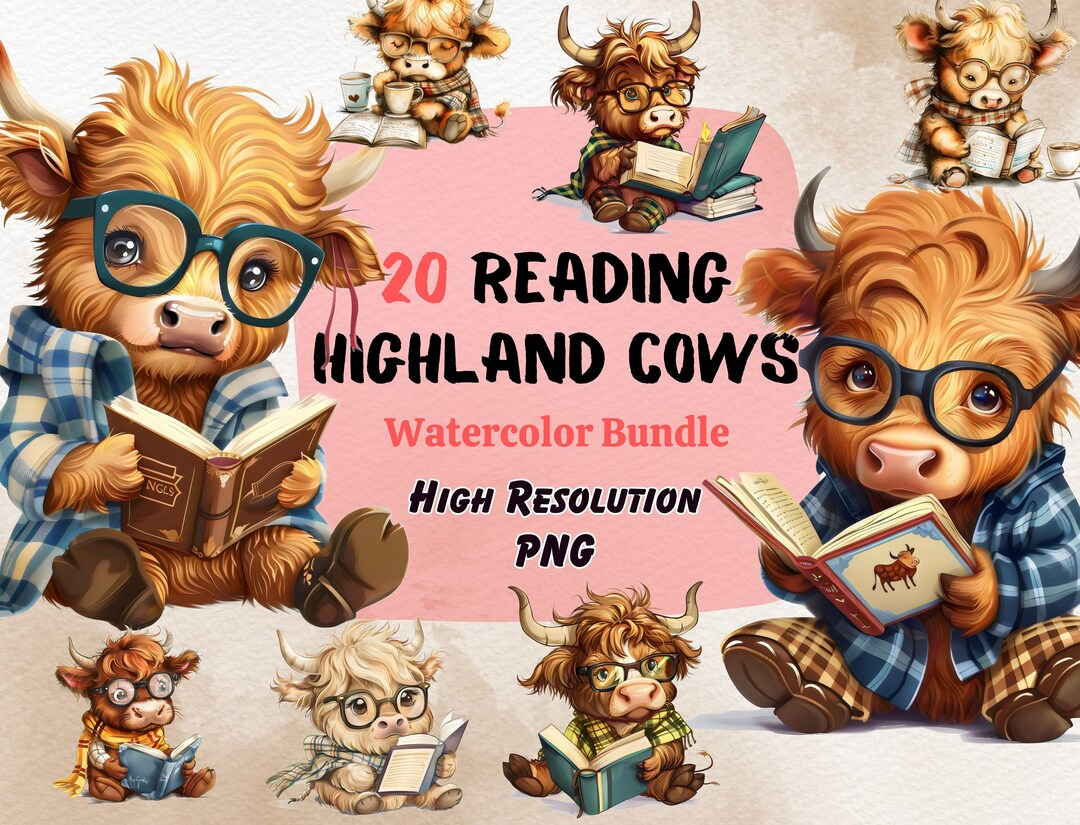 Highland Cow Bundle, Reading Png, Highland Cow Png, Watercolor Highland ...