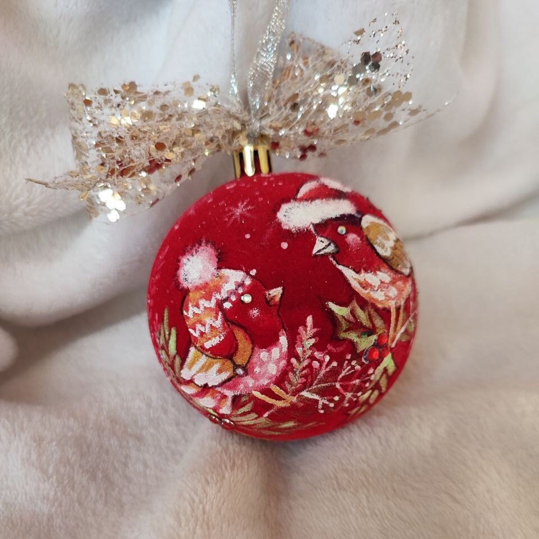 Velvet Christmas Bauble. Handpainted Red Cardinal Ornament. - Etsy