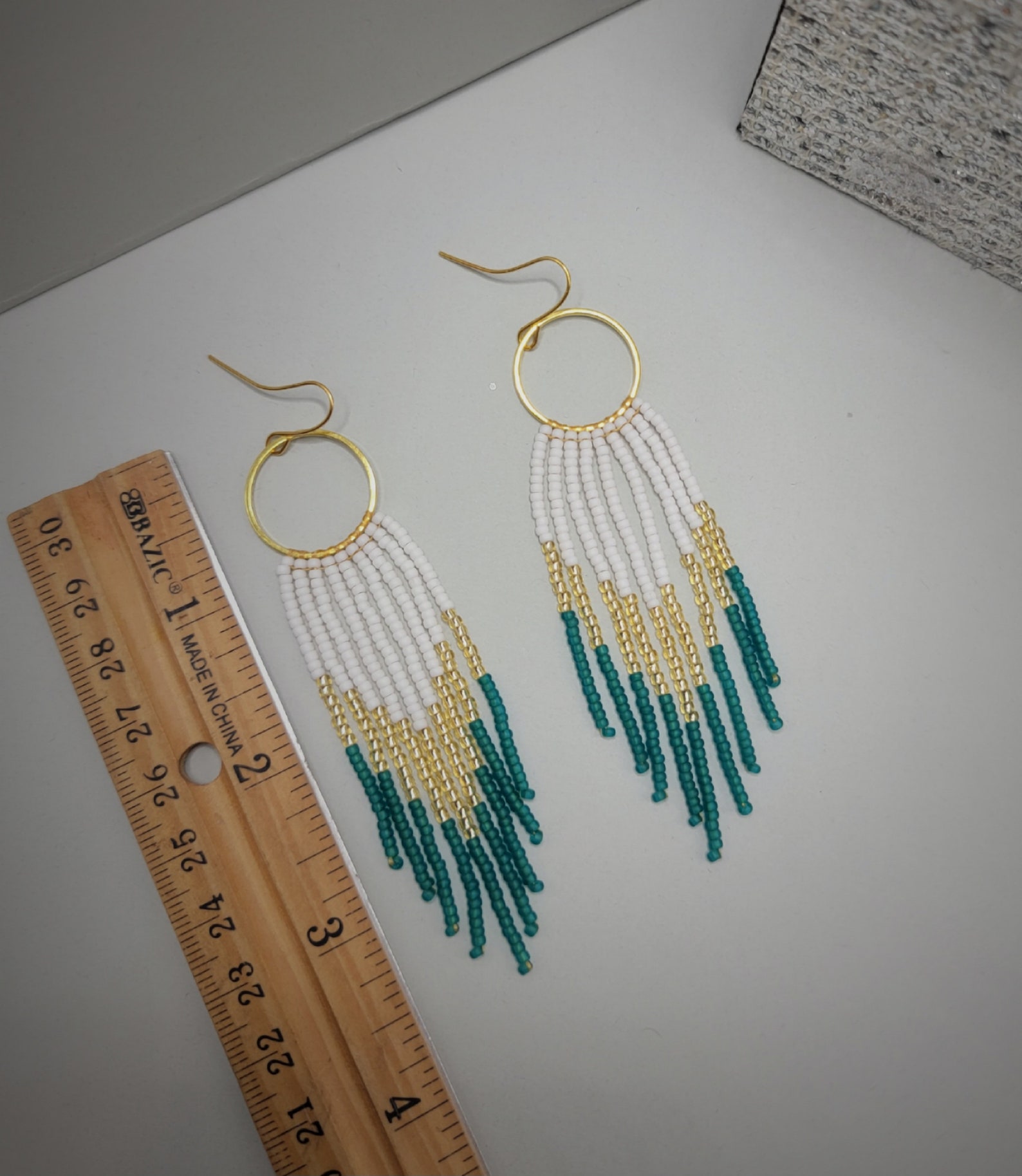 Gold, White & Teal Ombre Hoop Fringe Beaded Earrings - Etsy