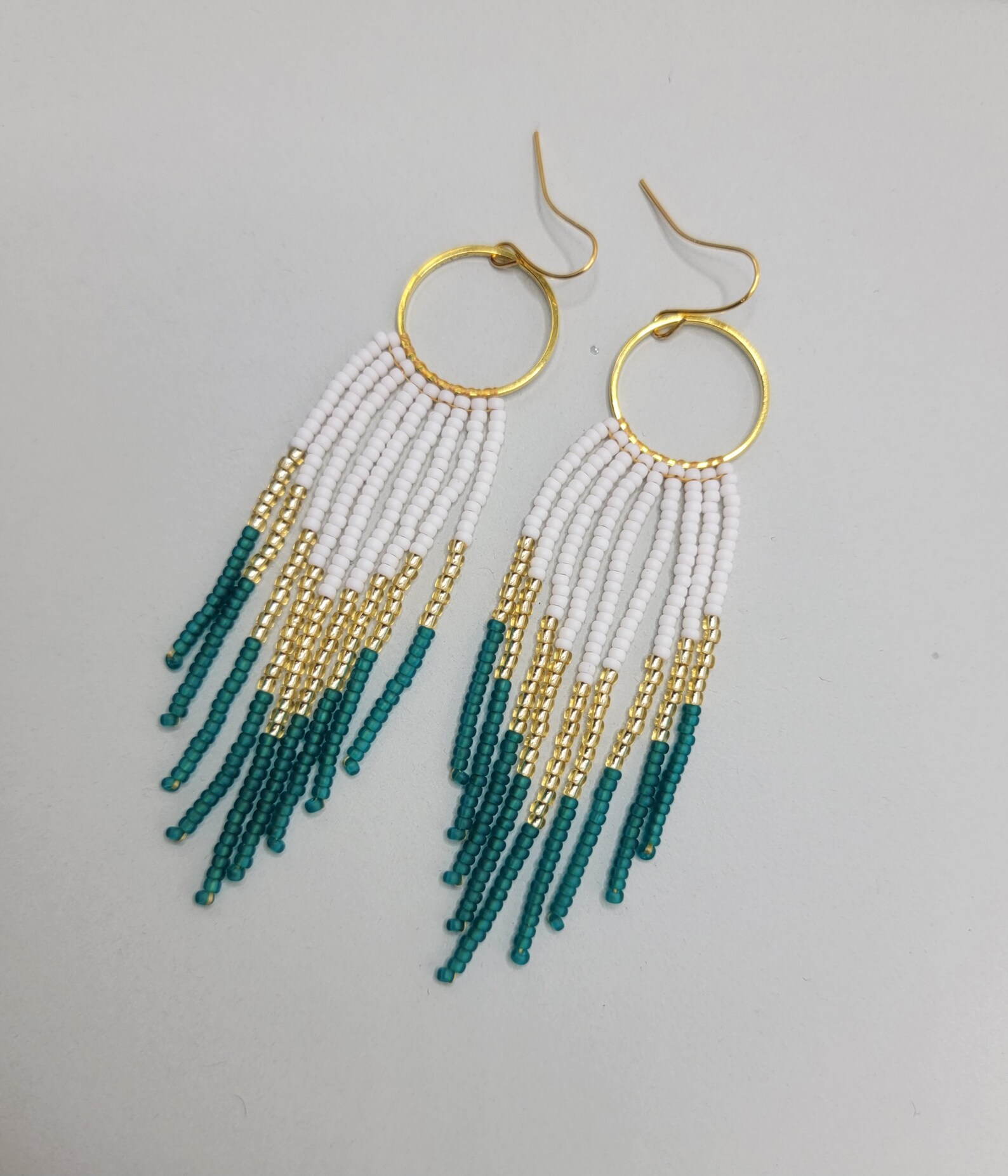 Gold, White & Teal Ombre Hoop Fringe Beaded Earrings - Etsy