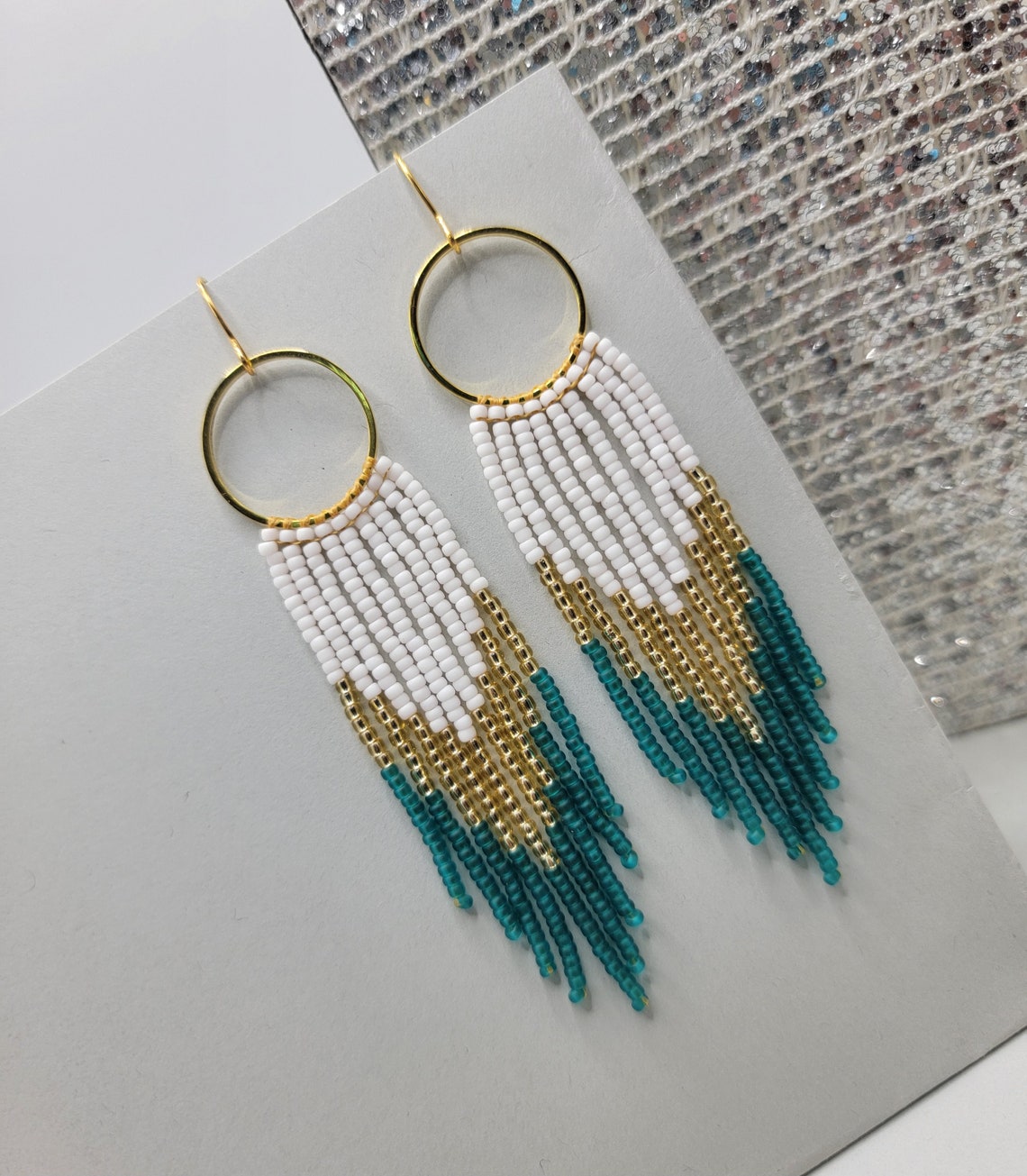 Gold, White & Teal Ombre Hoop Fringe Beaded Earrings - Etsy