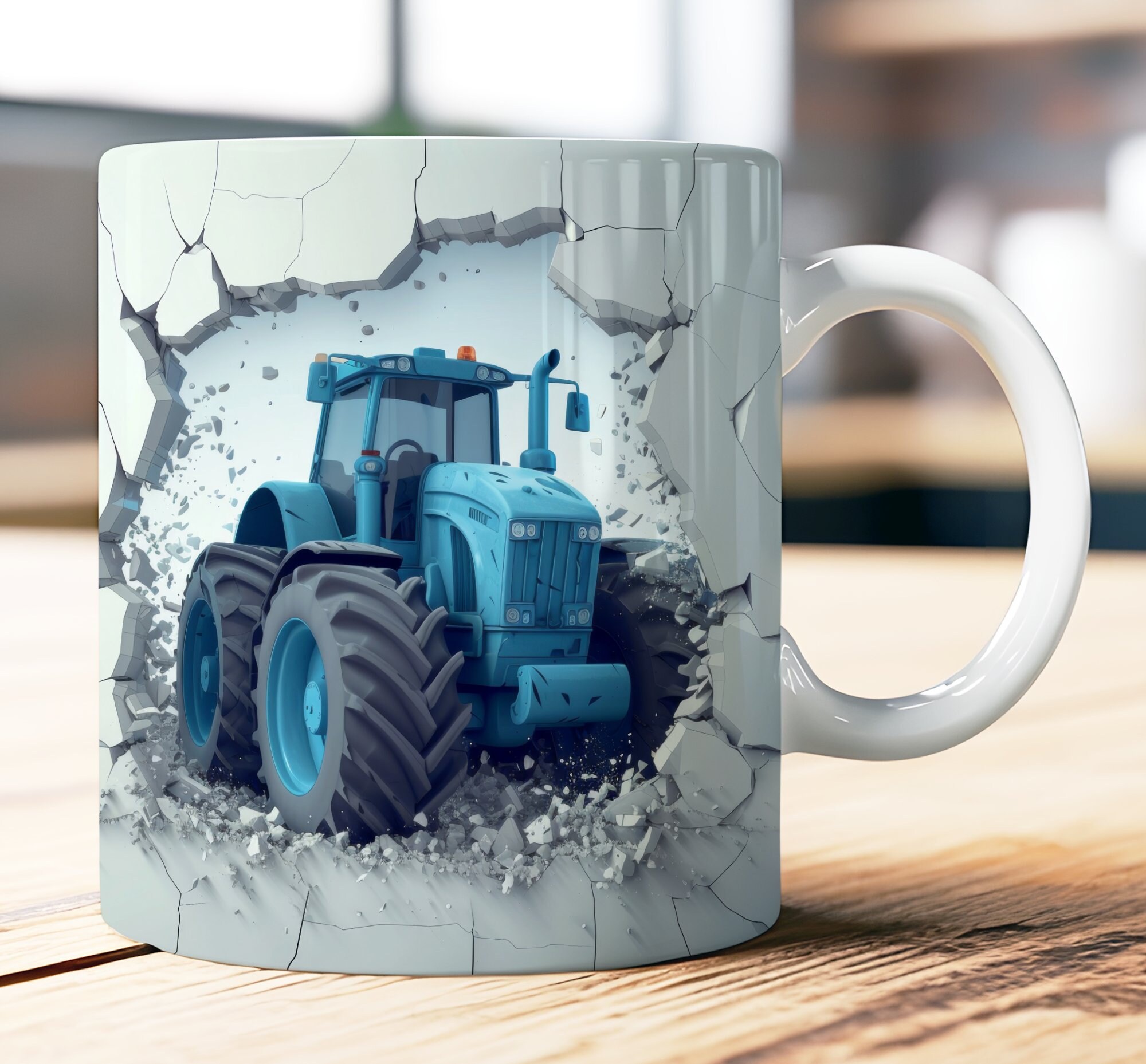 3D Blue Tractor Design, Mug 11oz & 15oz, Hole in Wall Mug Wrap, Mug ...