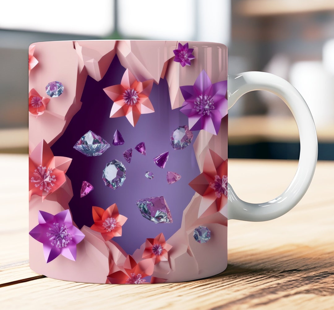 3D Diamonds and Flowers Design, Mug 11oz & 15oz, Hole in Wall Mug Wrap ...