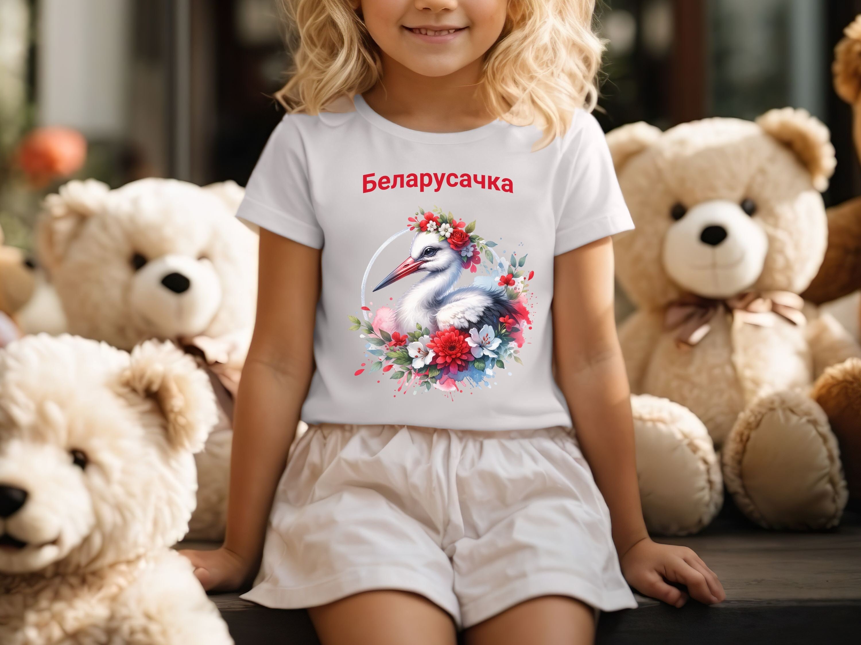 Little BELARUSIAN GIRL T-shirt, White Baby Stork Belarus Tee, Belarusian Language T-shirt ...