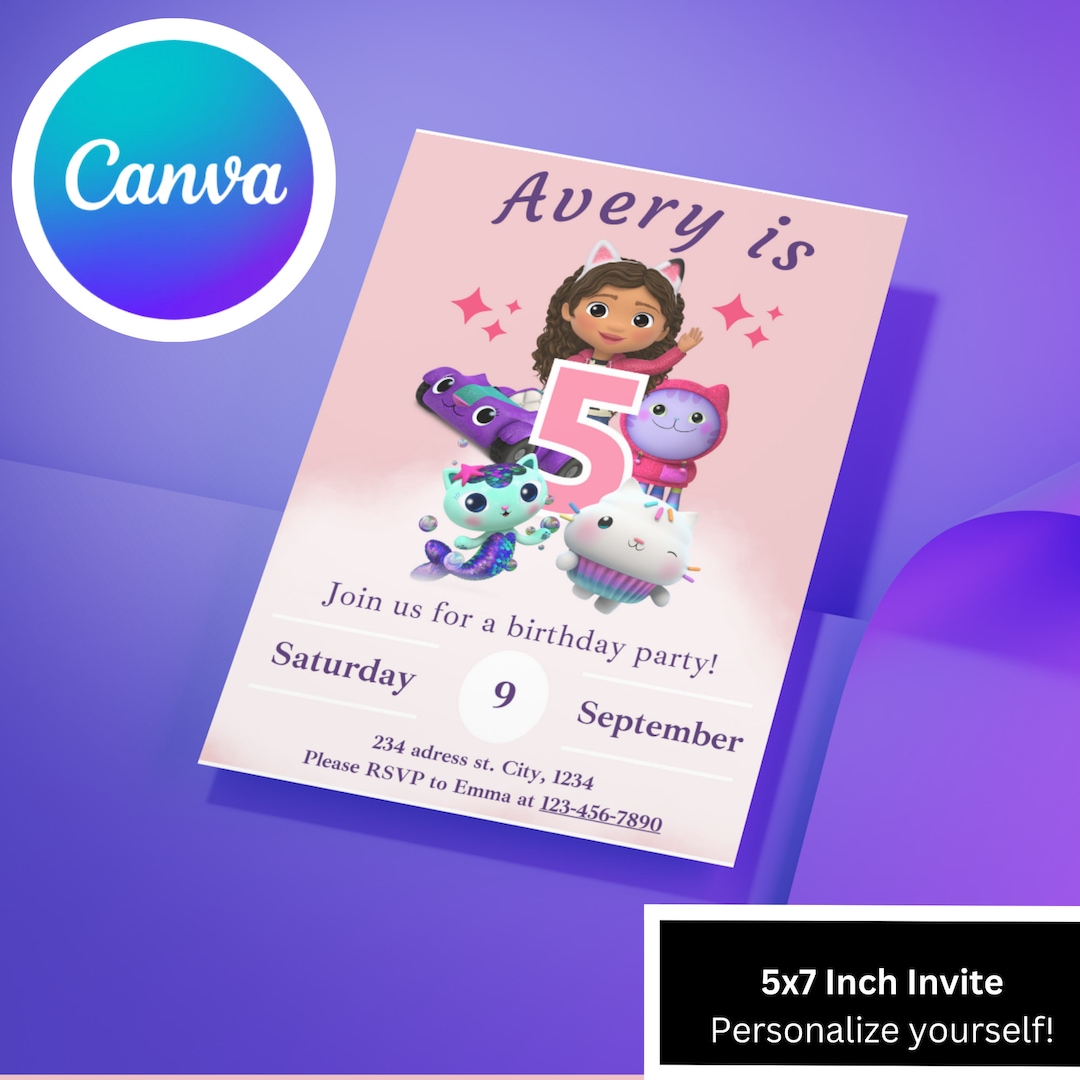 Editable Gabby-dollhouse Birthday Invitation Gabby's Kids Birthday ...