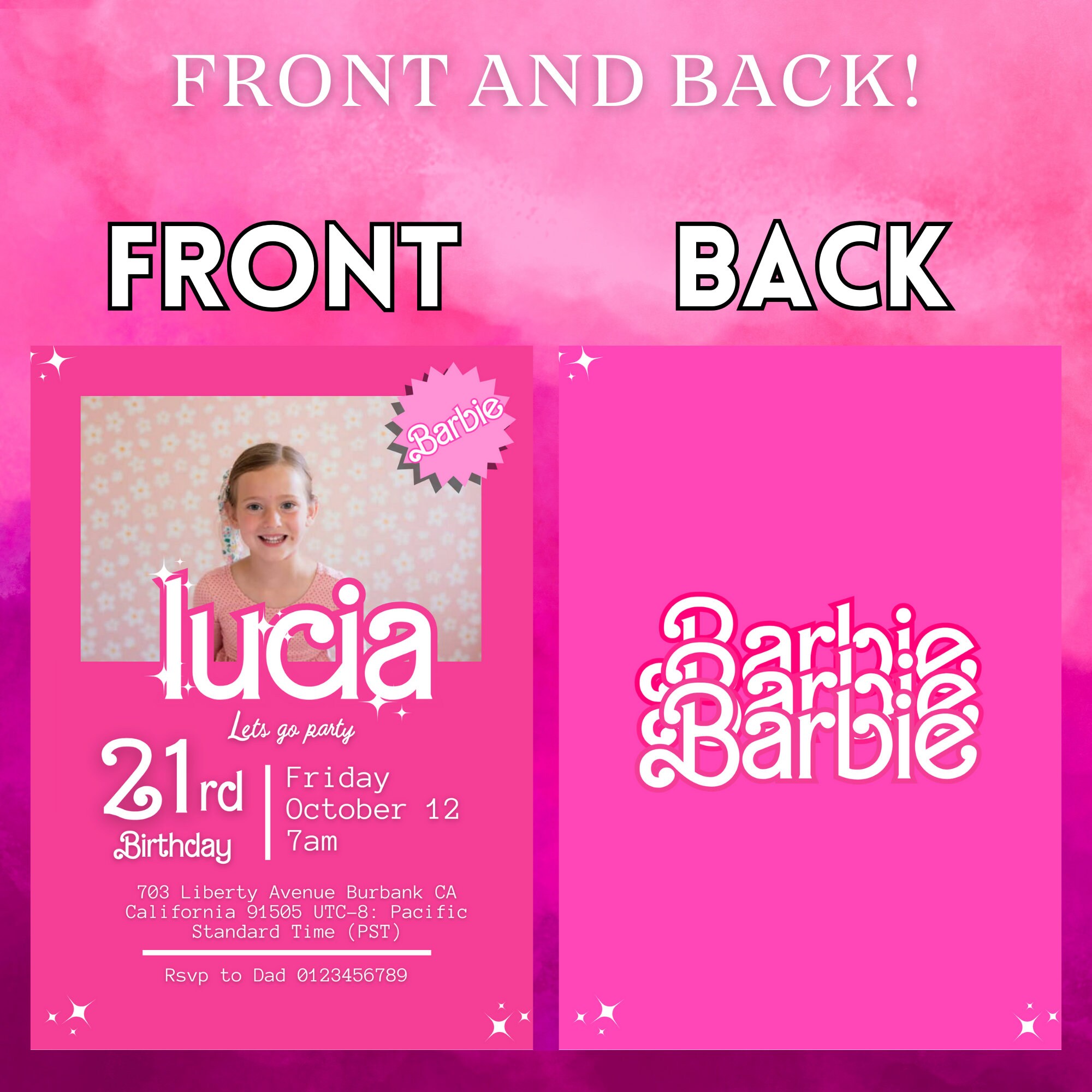 Barbie Birthday Invitation Card, Digital Kid Princess, Hot Pink Party ...