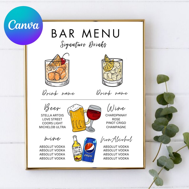 Bar Menu Template, Signature Drinks Sign, Minimalist Printable Bar Menu ...