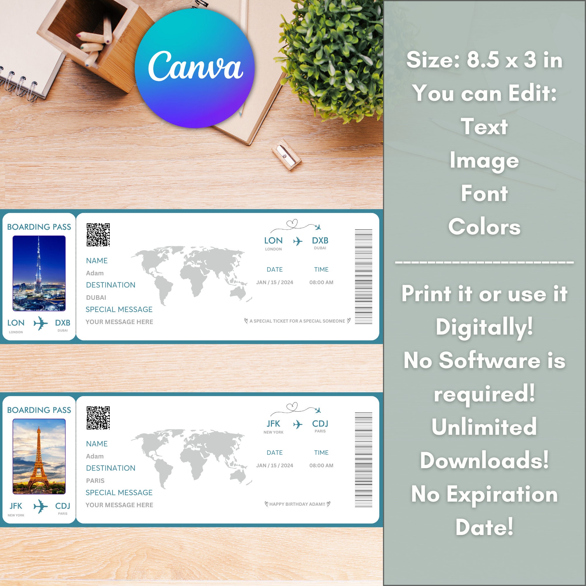 Editable Boarding Pass Template, Airline Ticket Canva, Printable ...