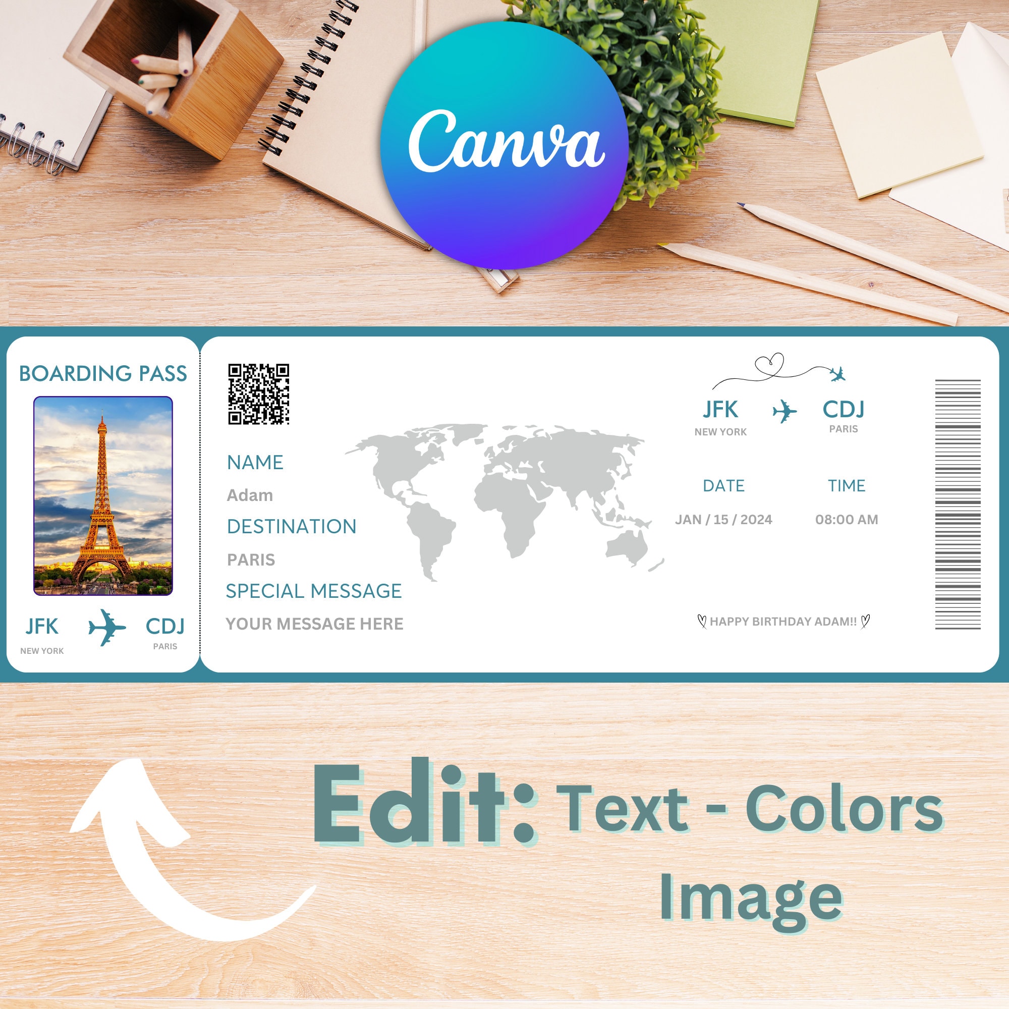Editable Boarding Pass Template, Airline Ticket Canva, Printable ...