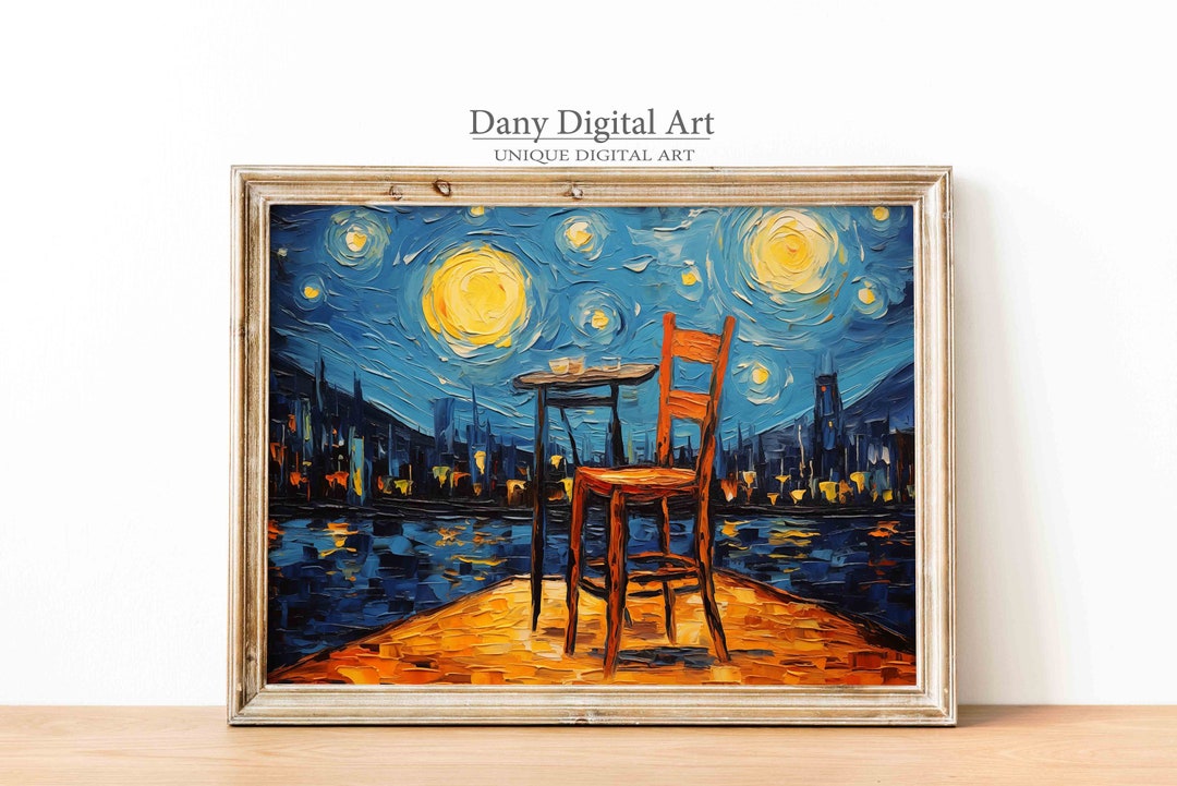 Starry Night Cityscape With Table and Chair, Van Gogh Inspired, Surreal ...
