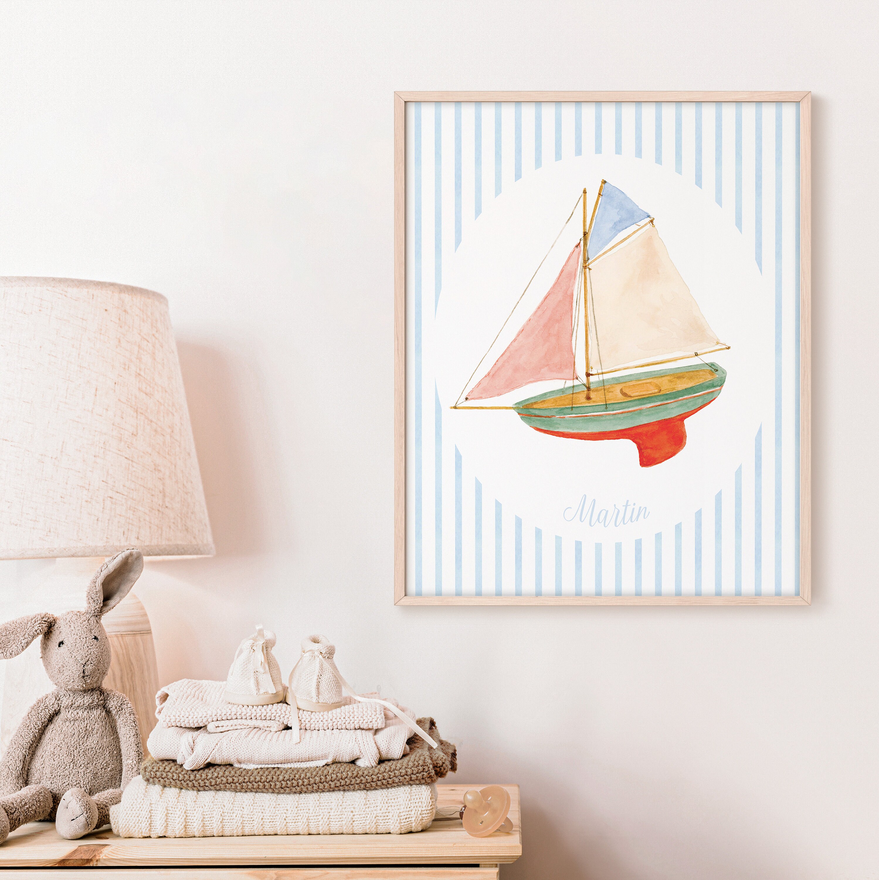 Personalized Baby Poster - Retro Wooden Boat Toy With Blue and White ...