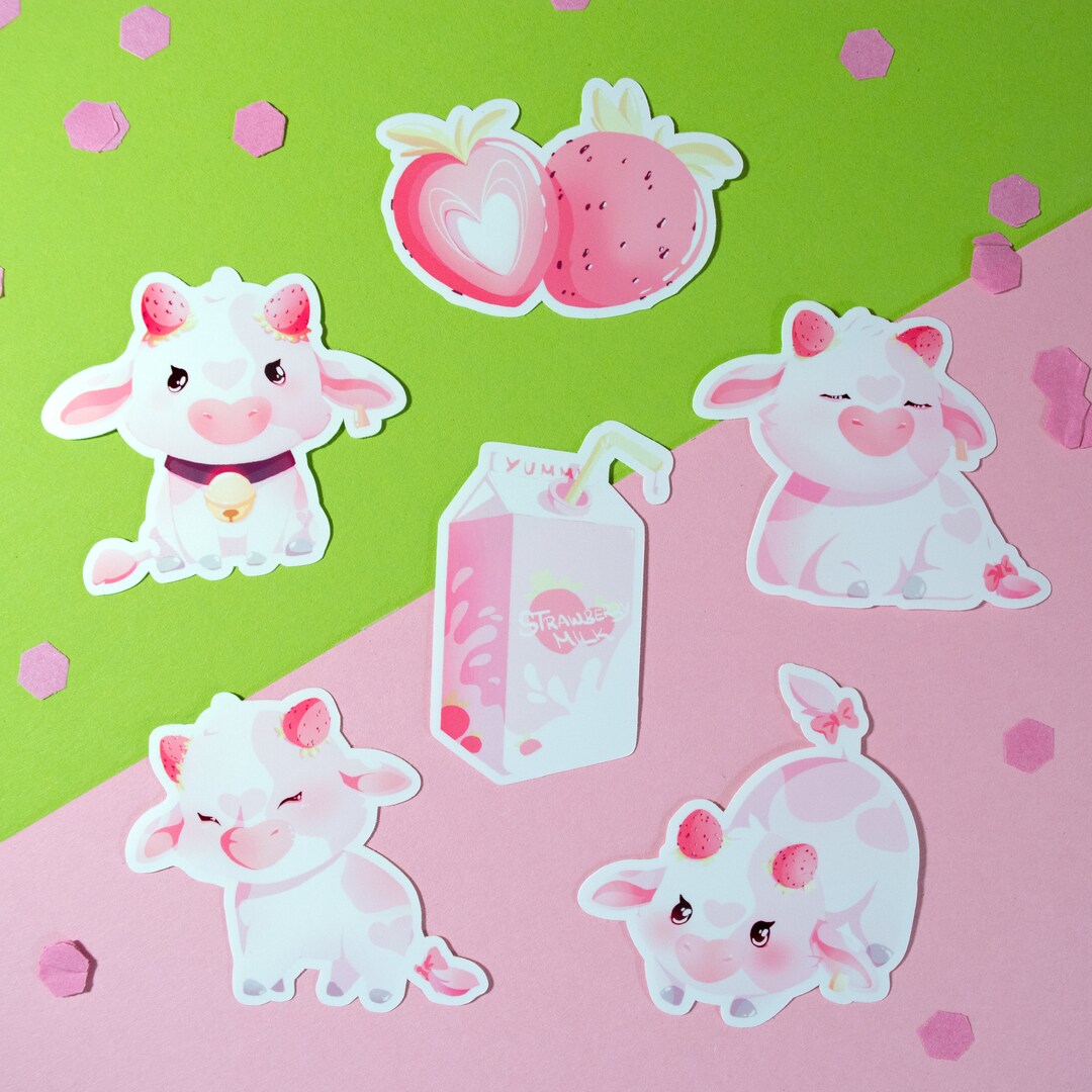 Cute Strawberry Cow Vinyl Sticker Glossy Kawaii - Etsy