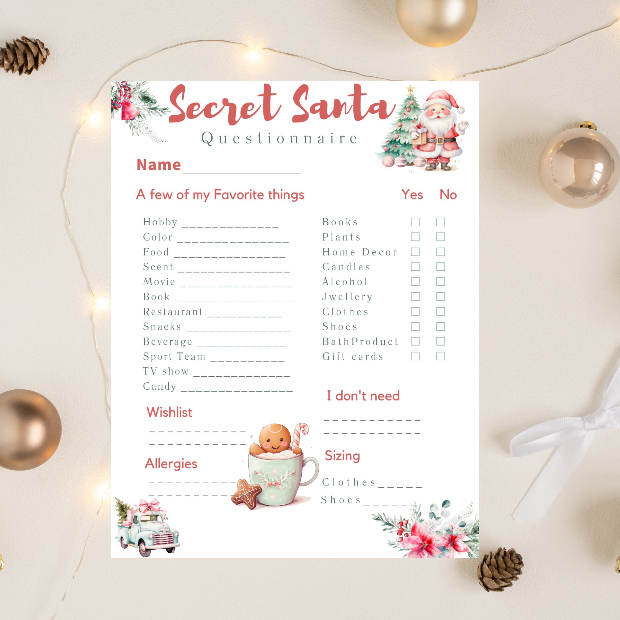 EDITABLE Secret Santa Questionnaire Printable, Christmas Secret Santa ...